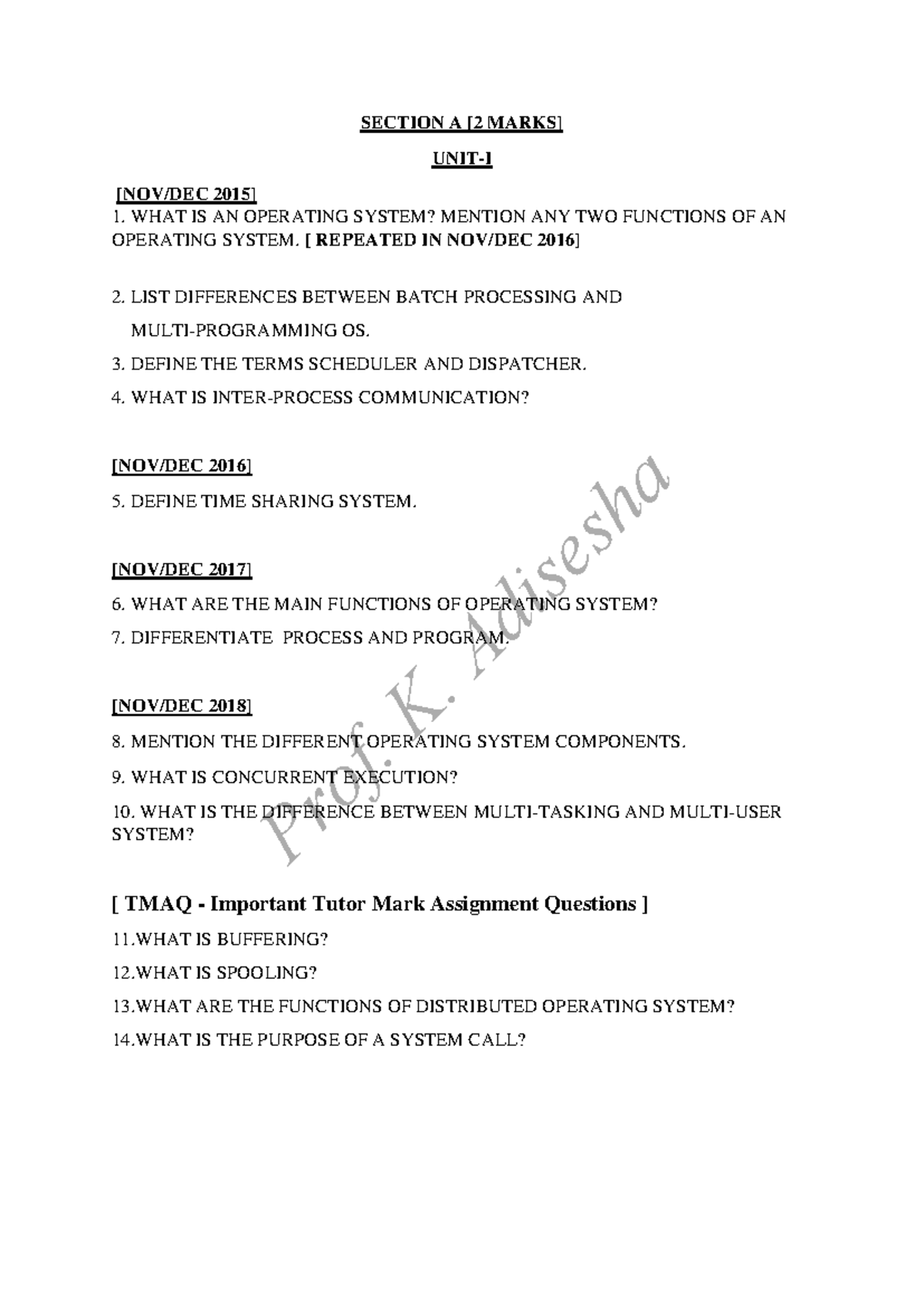 OS-Question bank - Operating systems notes - Prof. K. Adisesha SECTION ...