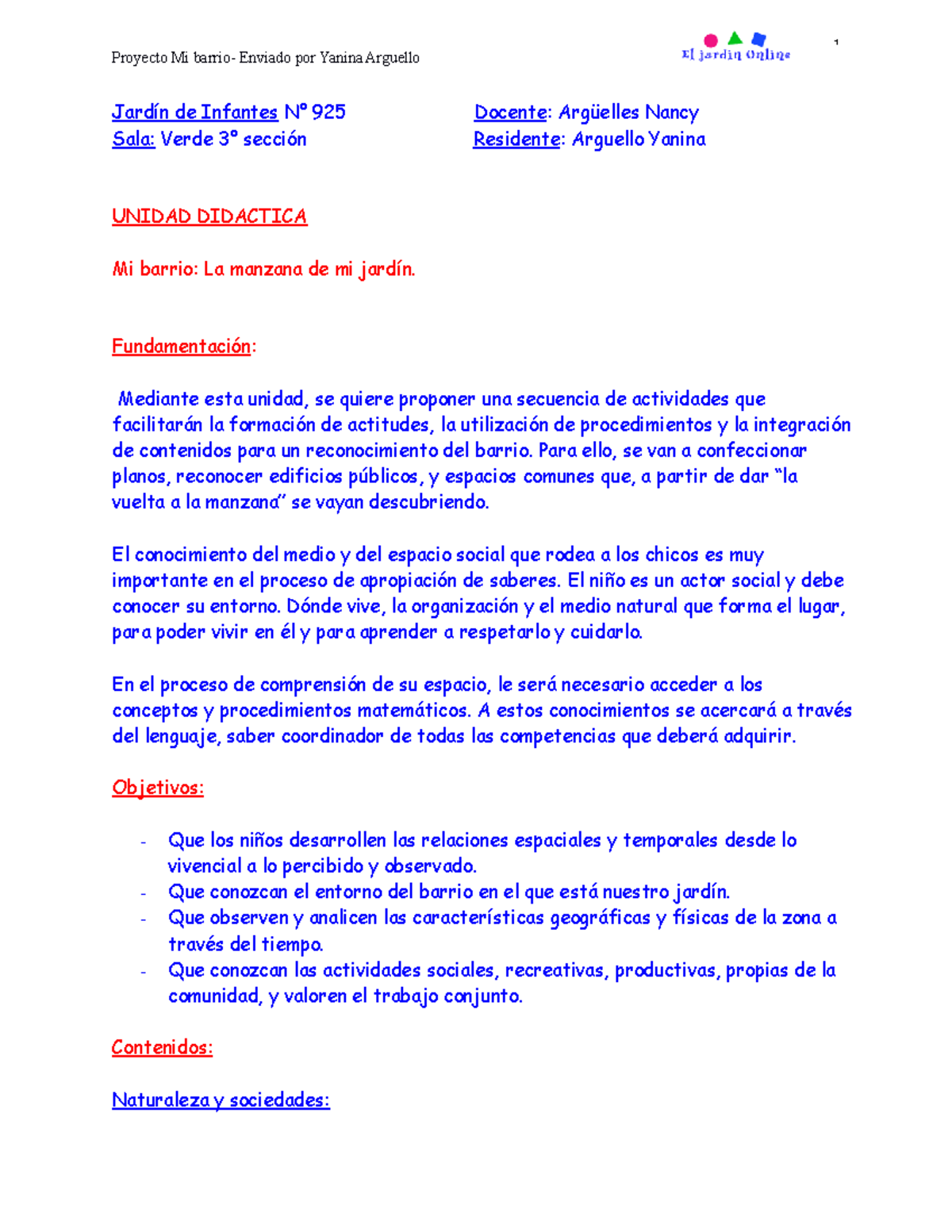 Unidad didactica mi barrio - Proyecto Mi barrio- Enviado por Yanina ...