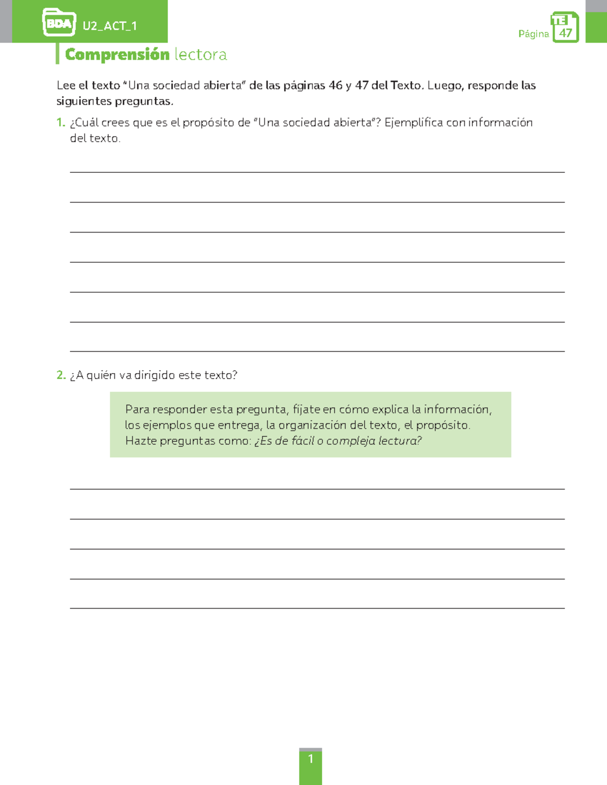 U2 ACT 1 - Actividades para estudiantes - 1 U2_ACT_ Comprensión lectora ...
