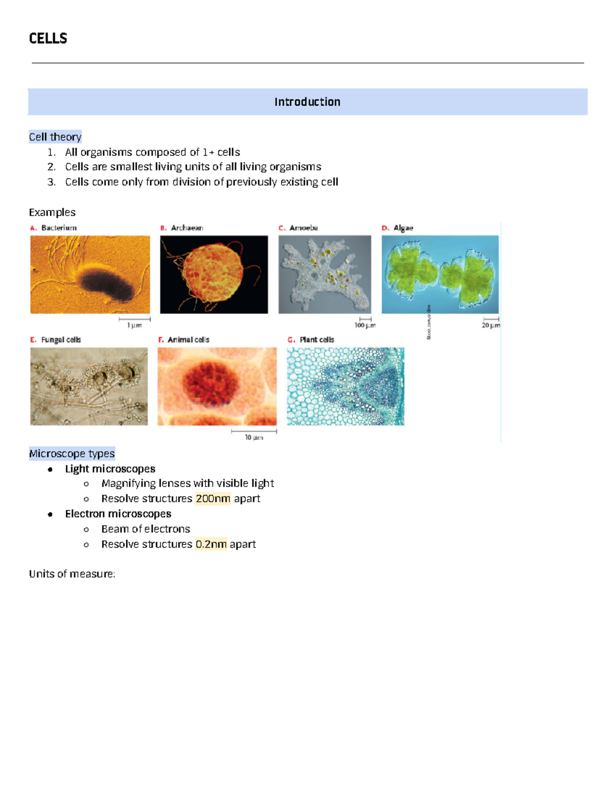 BIOL Chapter 4 Notes - Cells - CELLS Introduction Cell theory 1. All ...