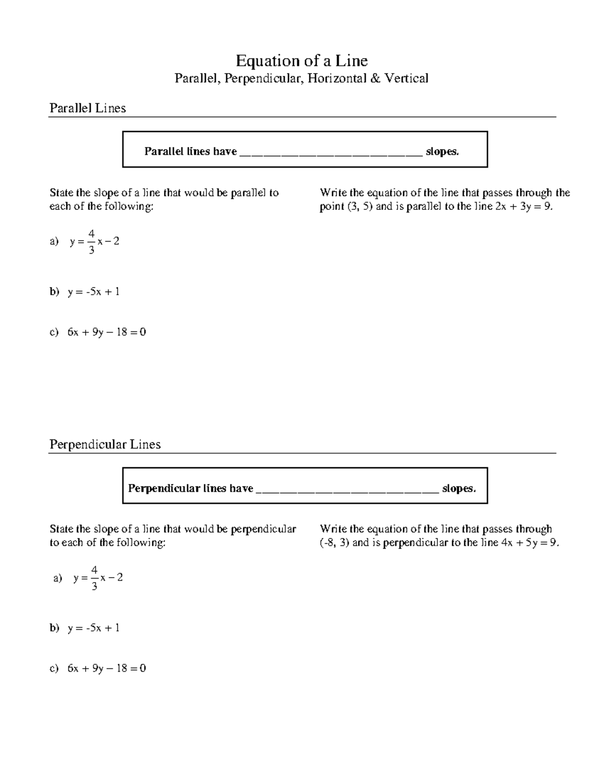 Equations of Lines - Equation of a Line Parallel, Perpendicular ...