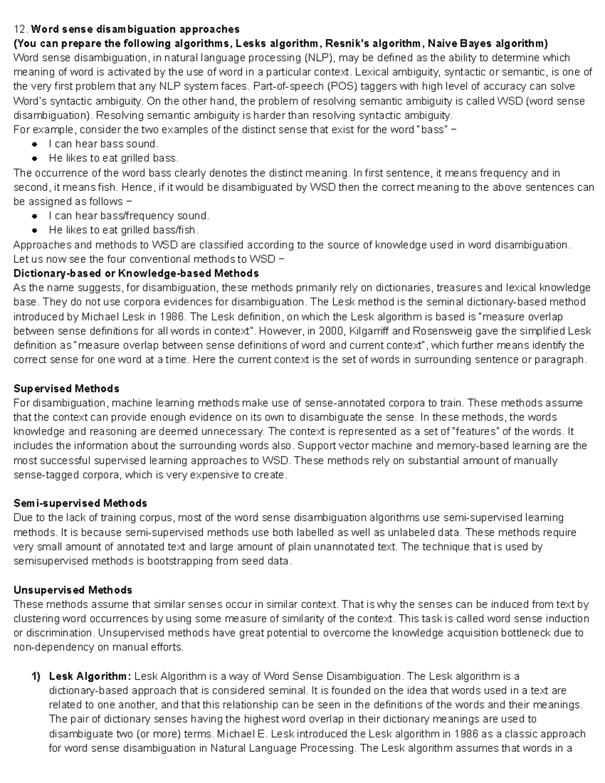 Nlp These Notes Are Of Natural Language Processing Word Sense Disambiguation Approaches