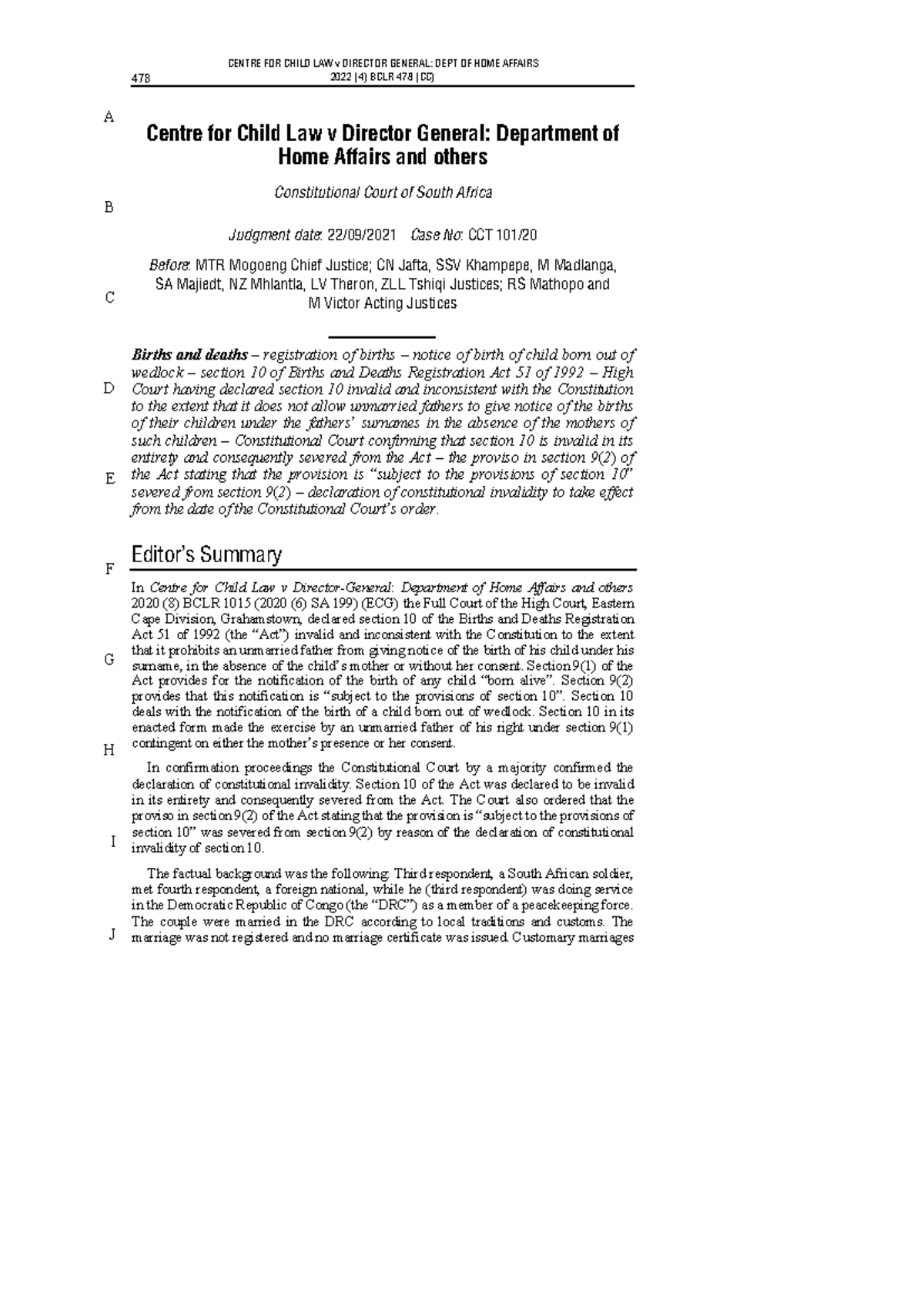 Centre for Child Law v Director General Department of Home Affairs and ...