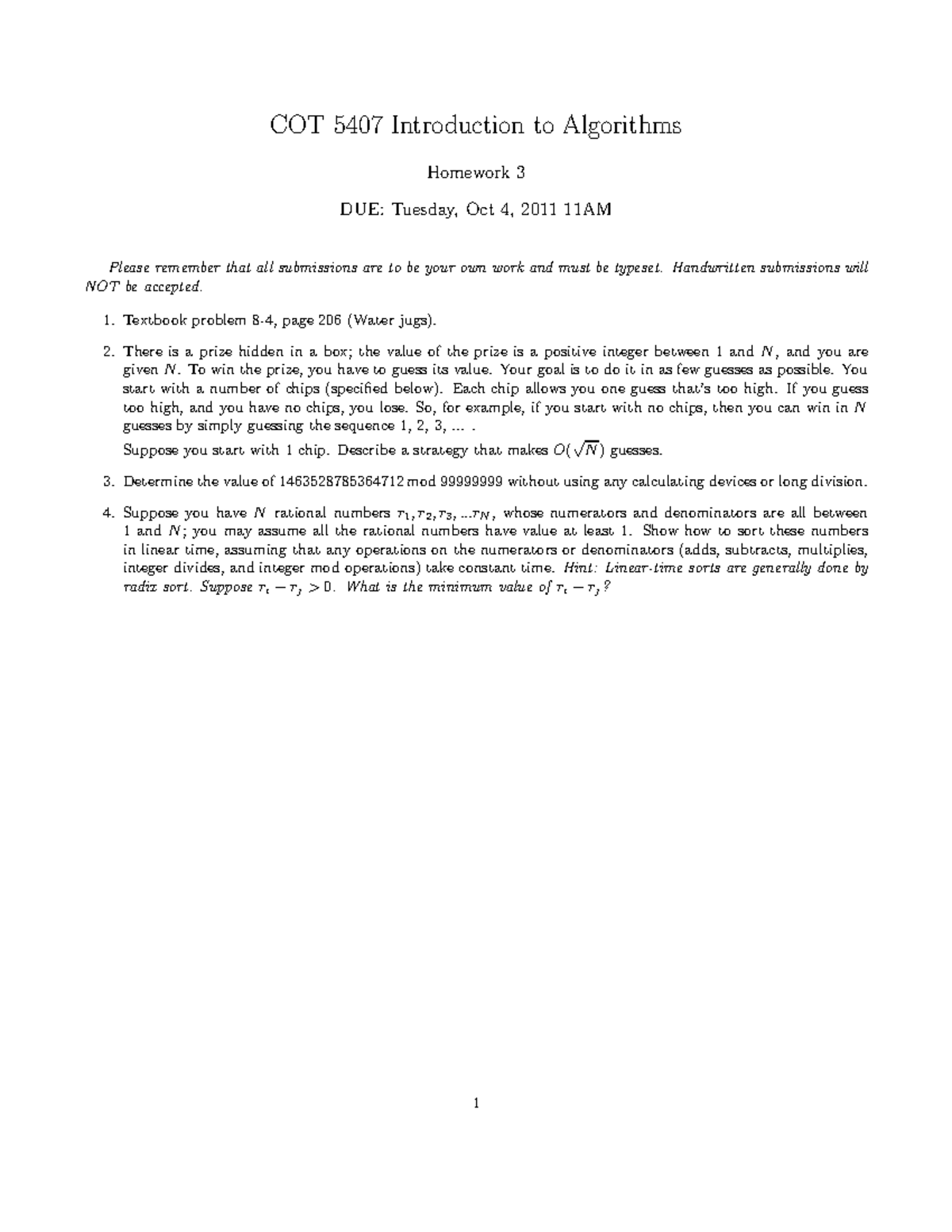 Homework 3 Introduction To Algorithms Cot 5407 Introduction To Algorithms Homework 3 Due