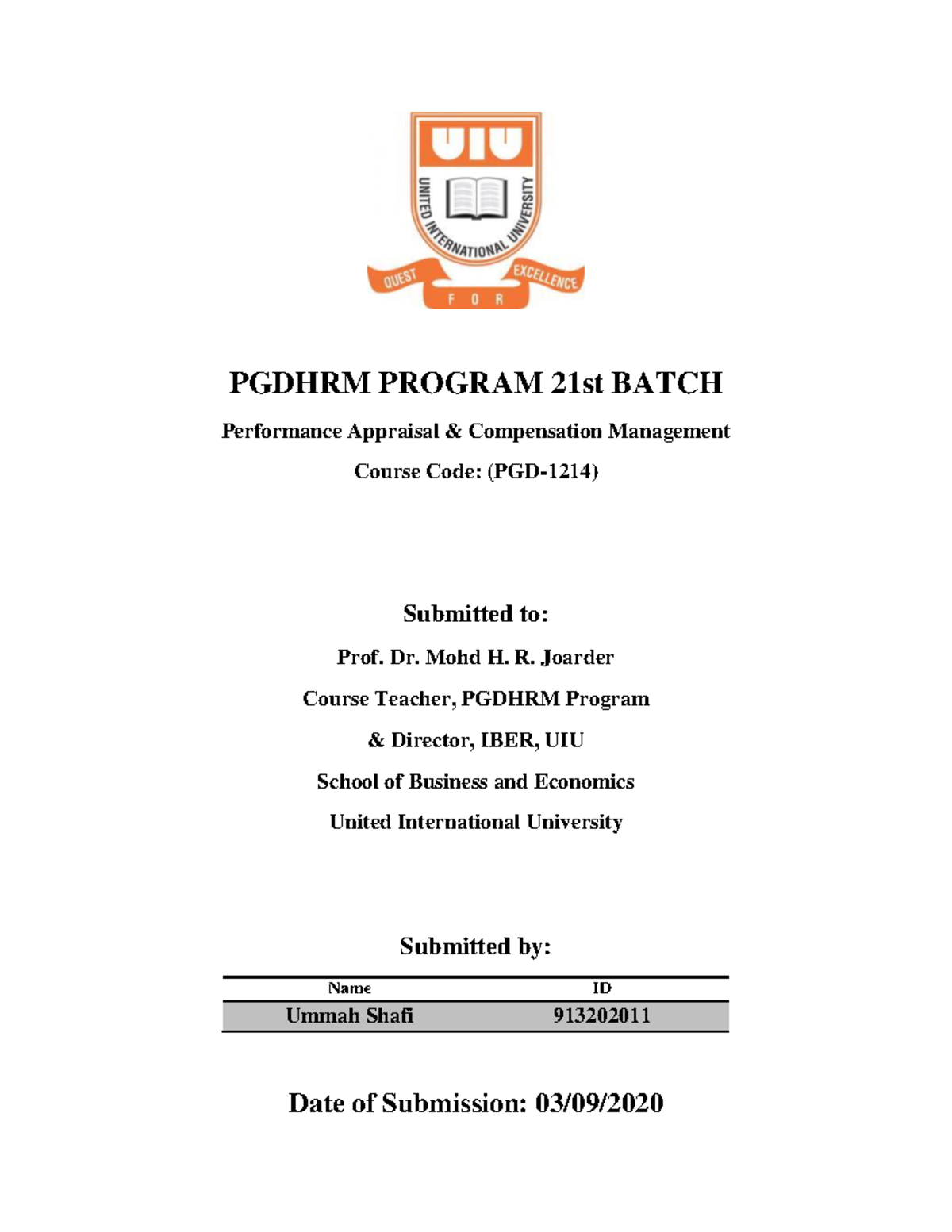 Ummah Shafi ID- 913202011 - PGDHRM PROGRAM 21st BATCH Performance Appraisal & Compensation - Studocu