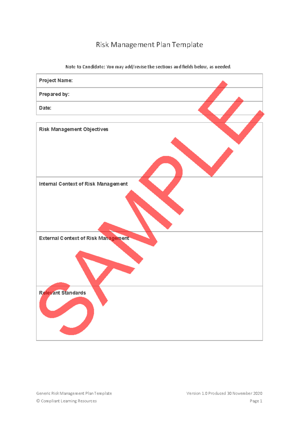Generic Risk Mangement Plan Template v1 - Generic Risk Management Plan ...