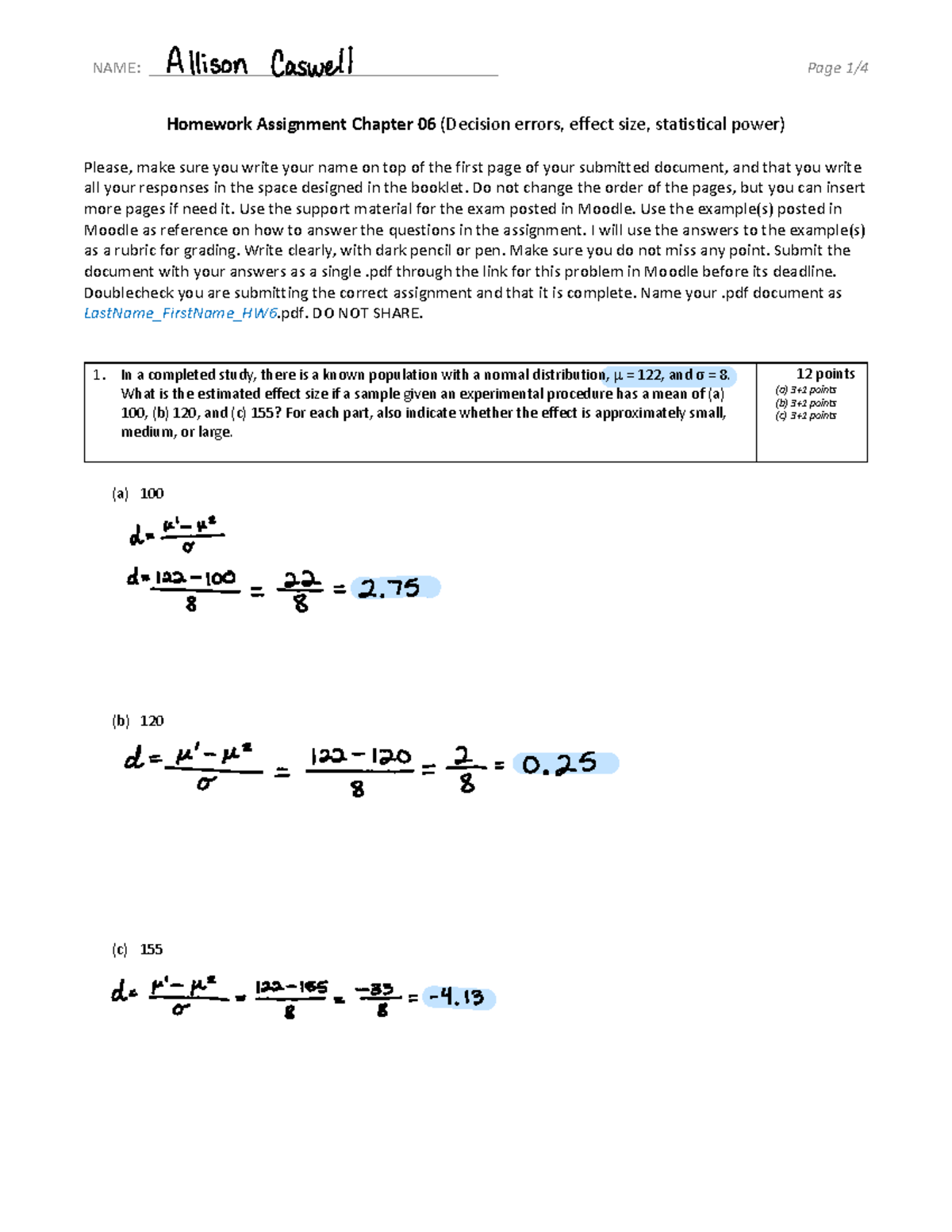 Homework Chapter 6 - Decision error, effect size, statistical power - NAME: - Studocu