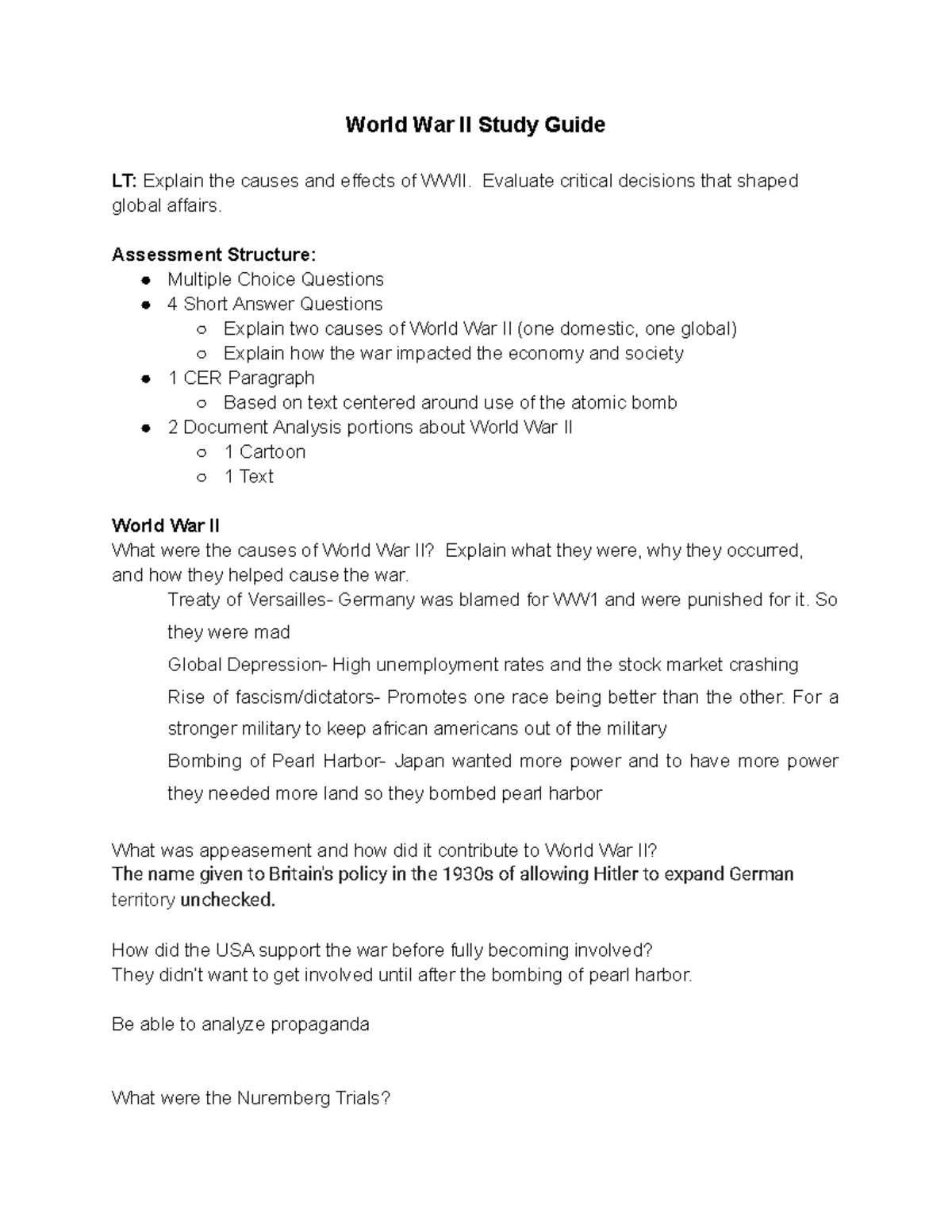 Copy of Study Guide (WWII) - World War II Study Guide LT: Explain the ...