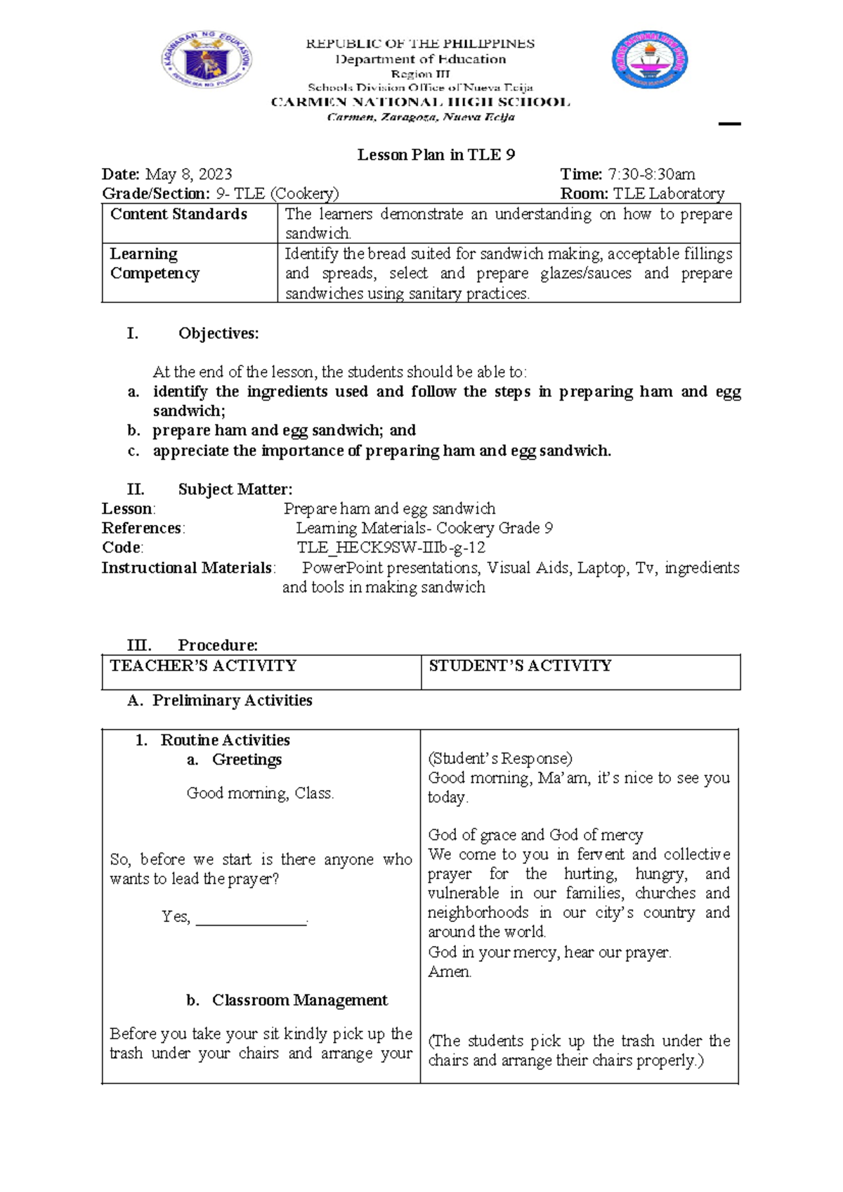 DLP for Final DEMO - Lesson Plan in TLE 9 Date: May 8, 2023 Time: 7:30-8:30am Grade/Section: 9 ...