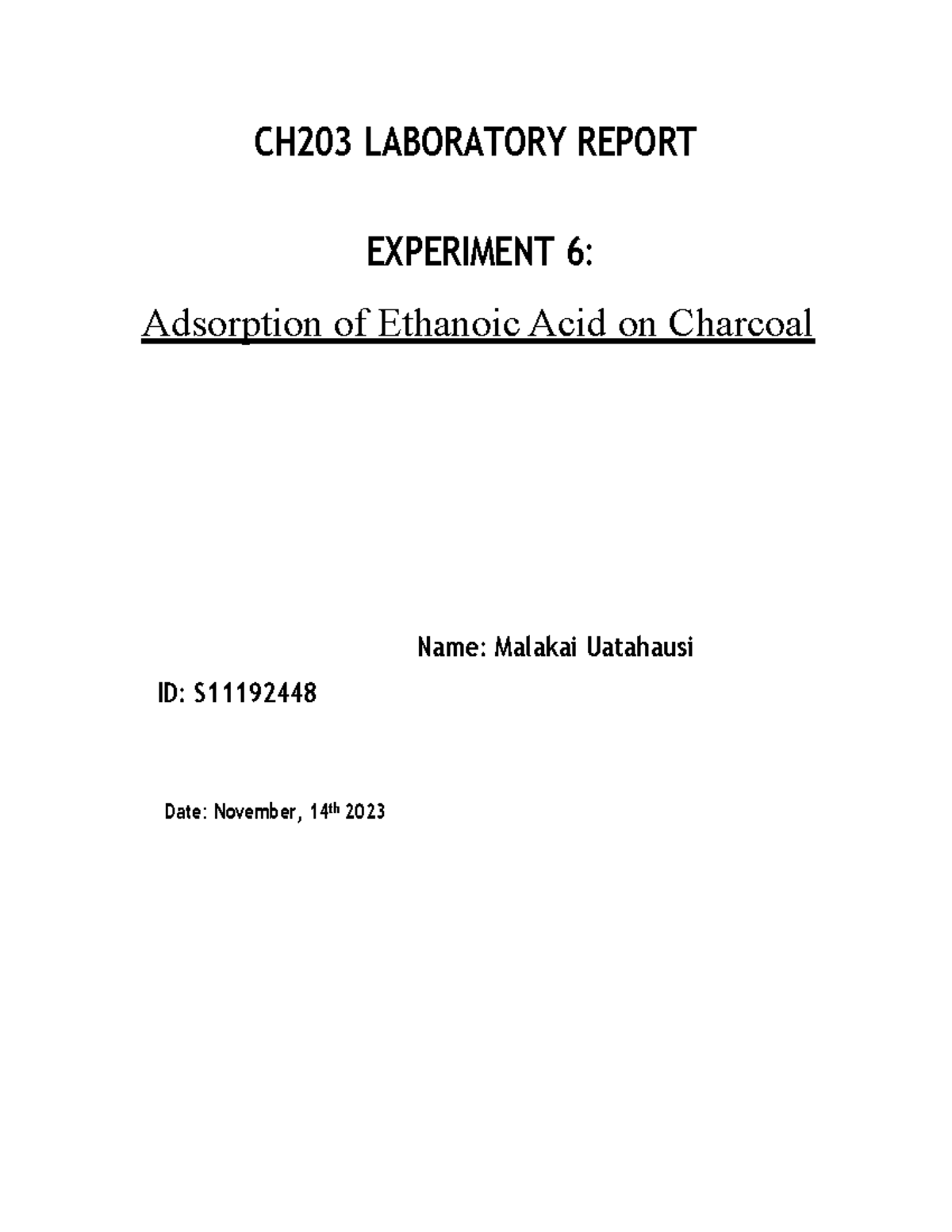 S11192448 CH203 Experiment 6 S2 USP 2023 - CH203 LABORATORY REPORT ...