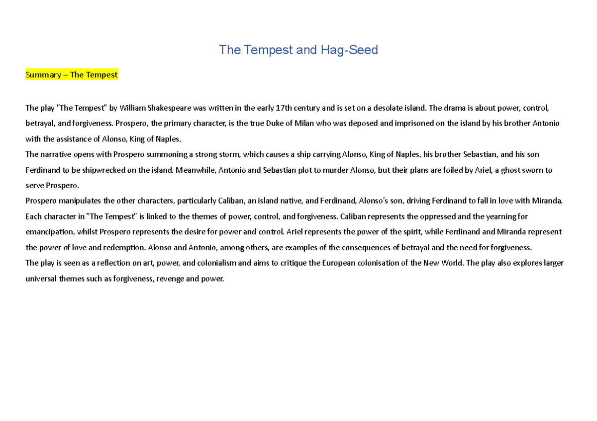 notes - the tempest, hag-seed - The Tempest and Hag-Seed Summary – The ...