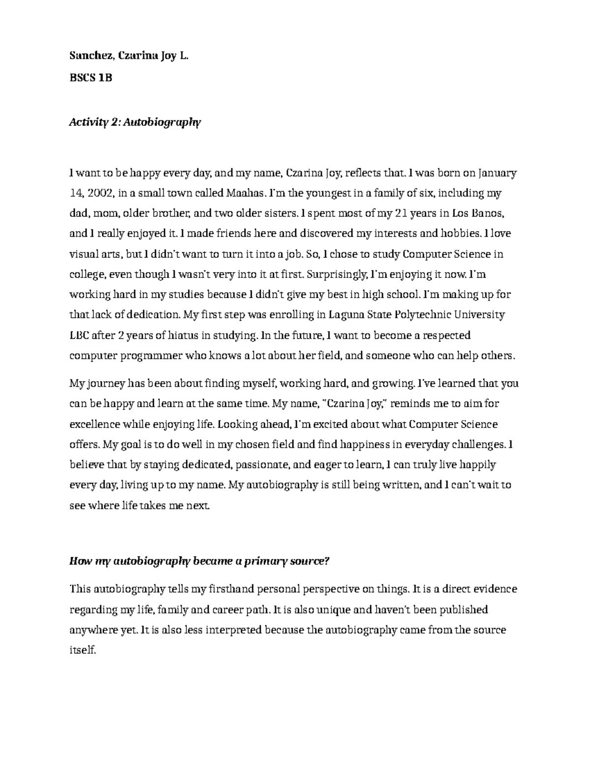 Primary source vs Secondary source - Sanchez, Czarina Joy L. BSCS 1B ...