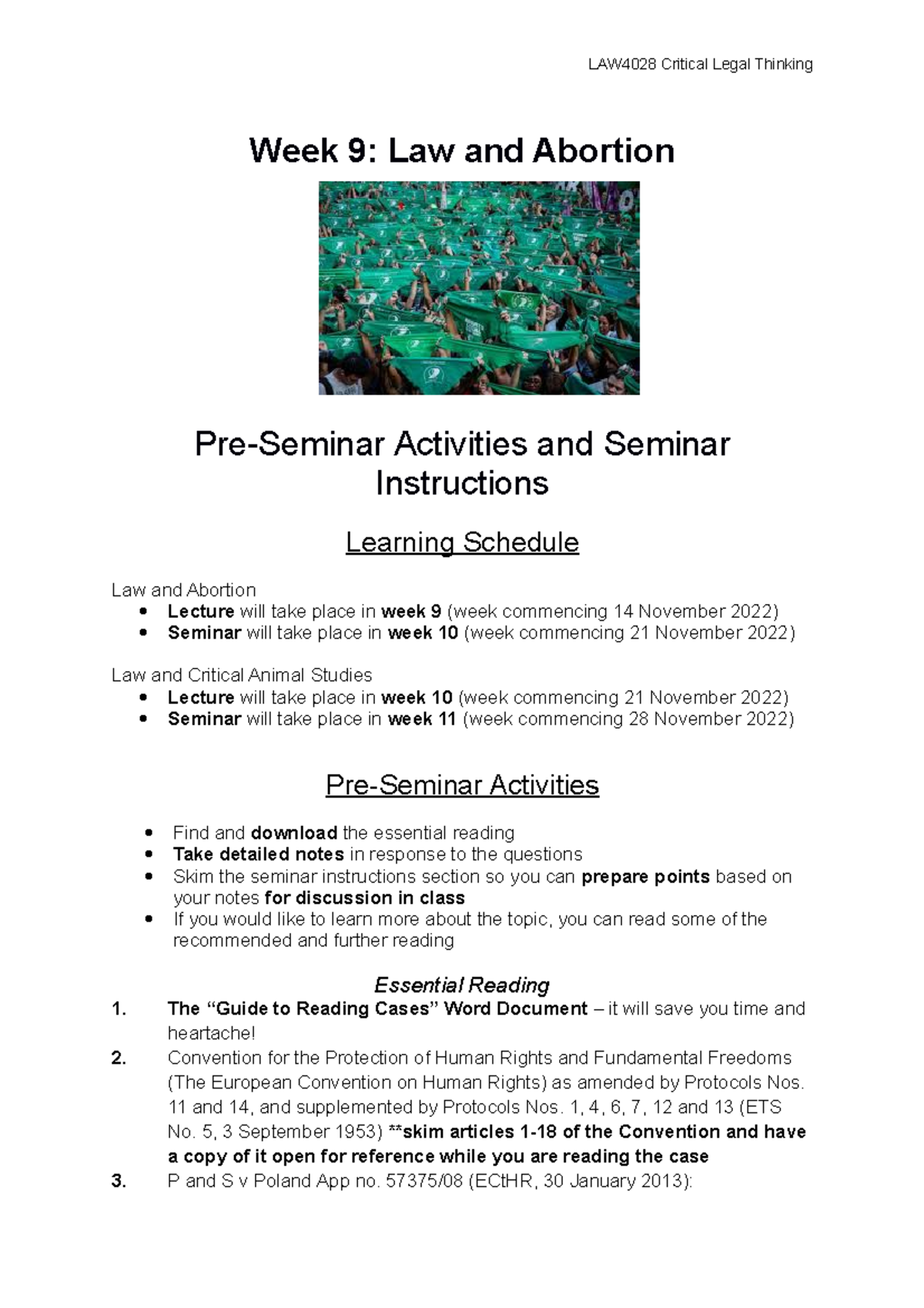 Pre-Seminar Activities and Seminar Instructions - Week 9: Law and ...