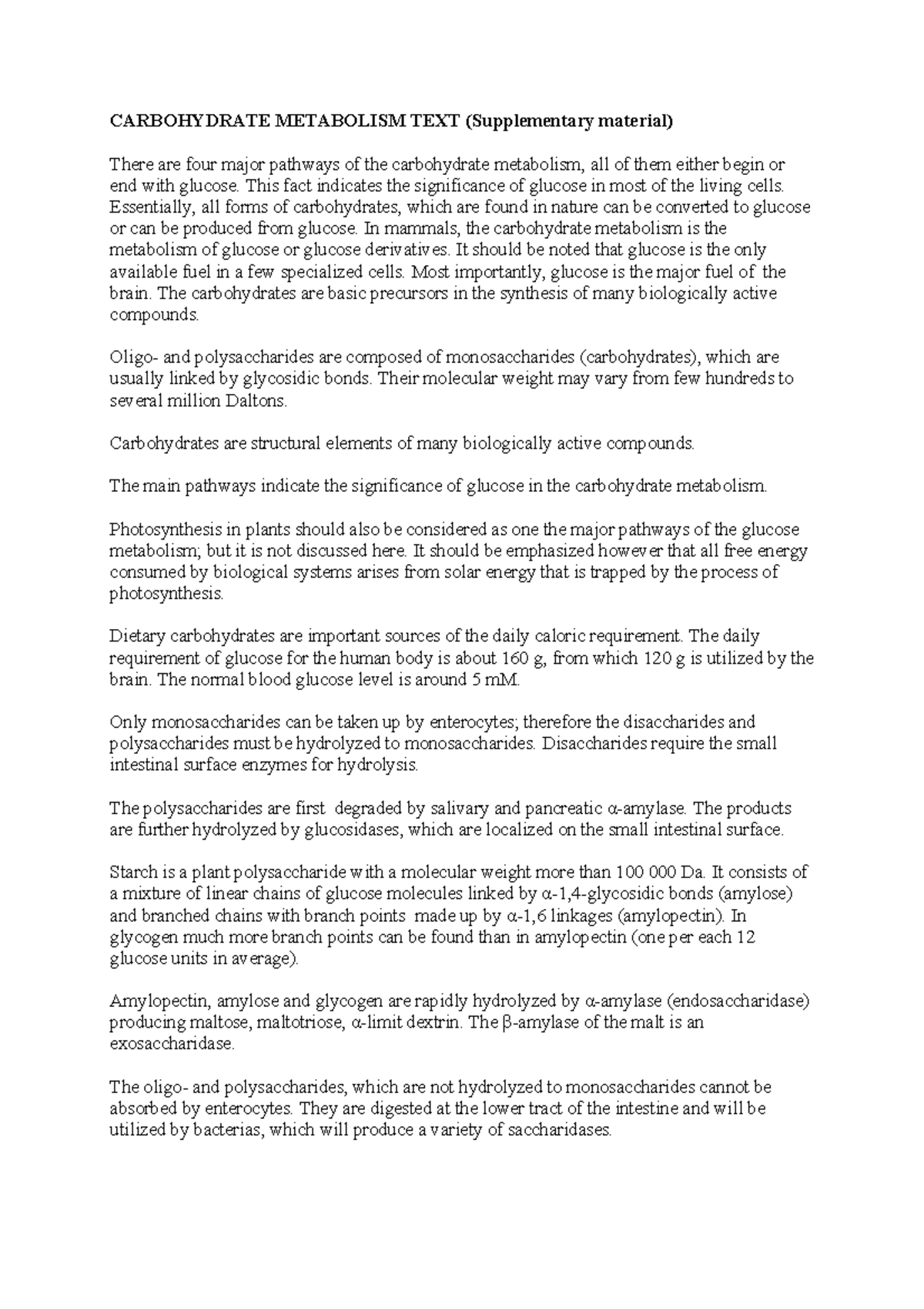 02-04 week Carbohydrate supplementary text - CARBOHYDRATE METABOLISM TEXT (Supplementary ...