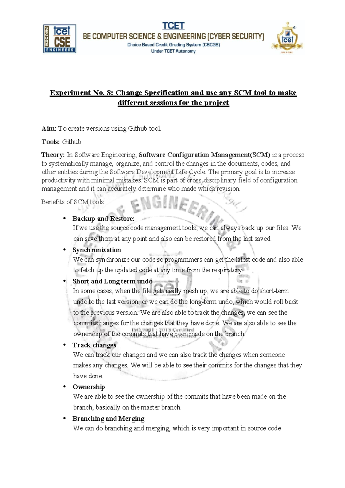 SE-Practical 8 - Experiment No. 8: Change Specification and use any SCM tool to make different ...