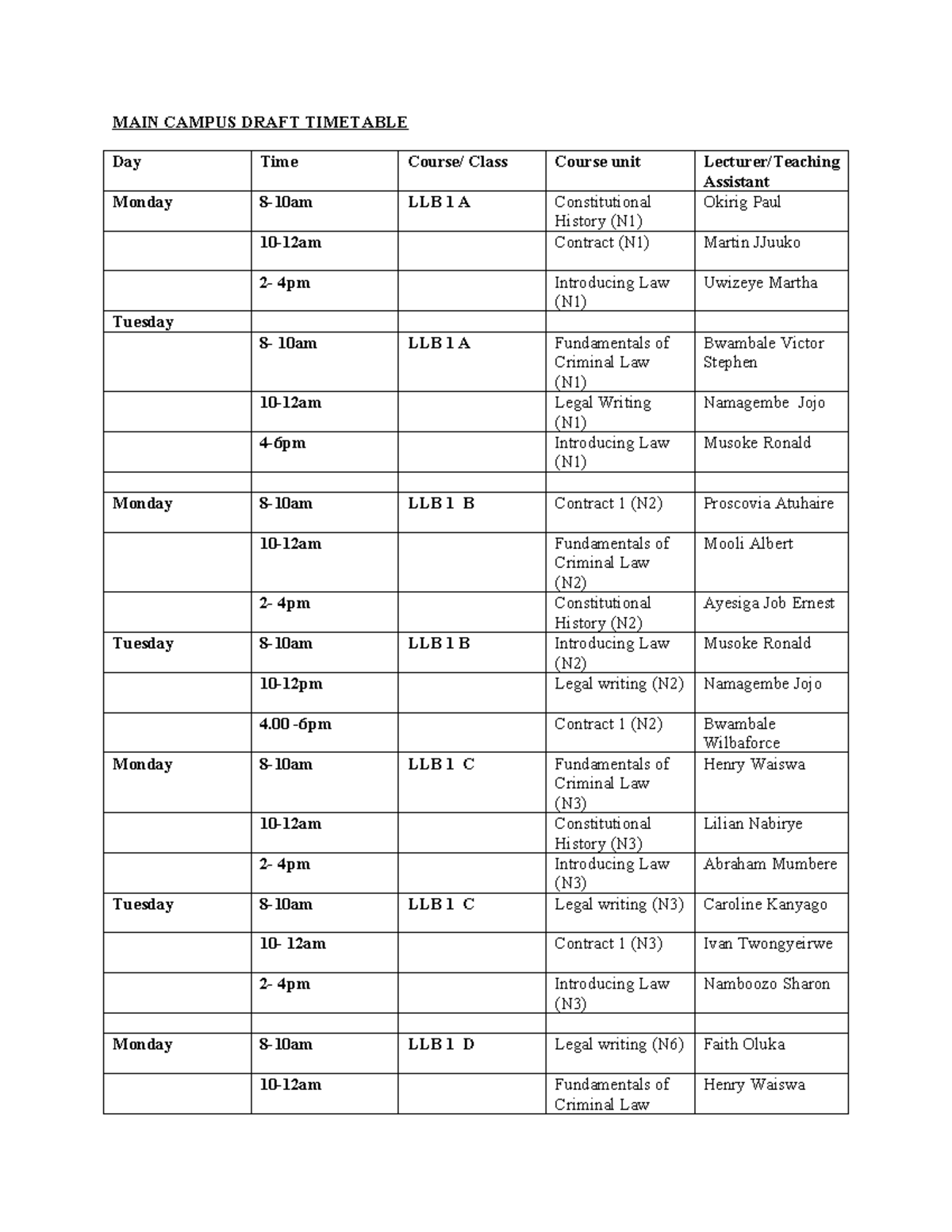 MAIN Campus Draft Timetable - MAIN CAMPUS DRAFT TIMETABLE Day Time ...