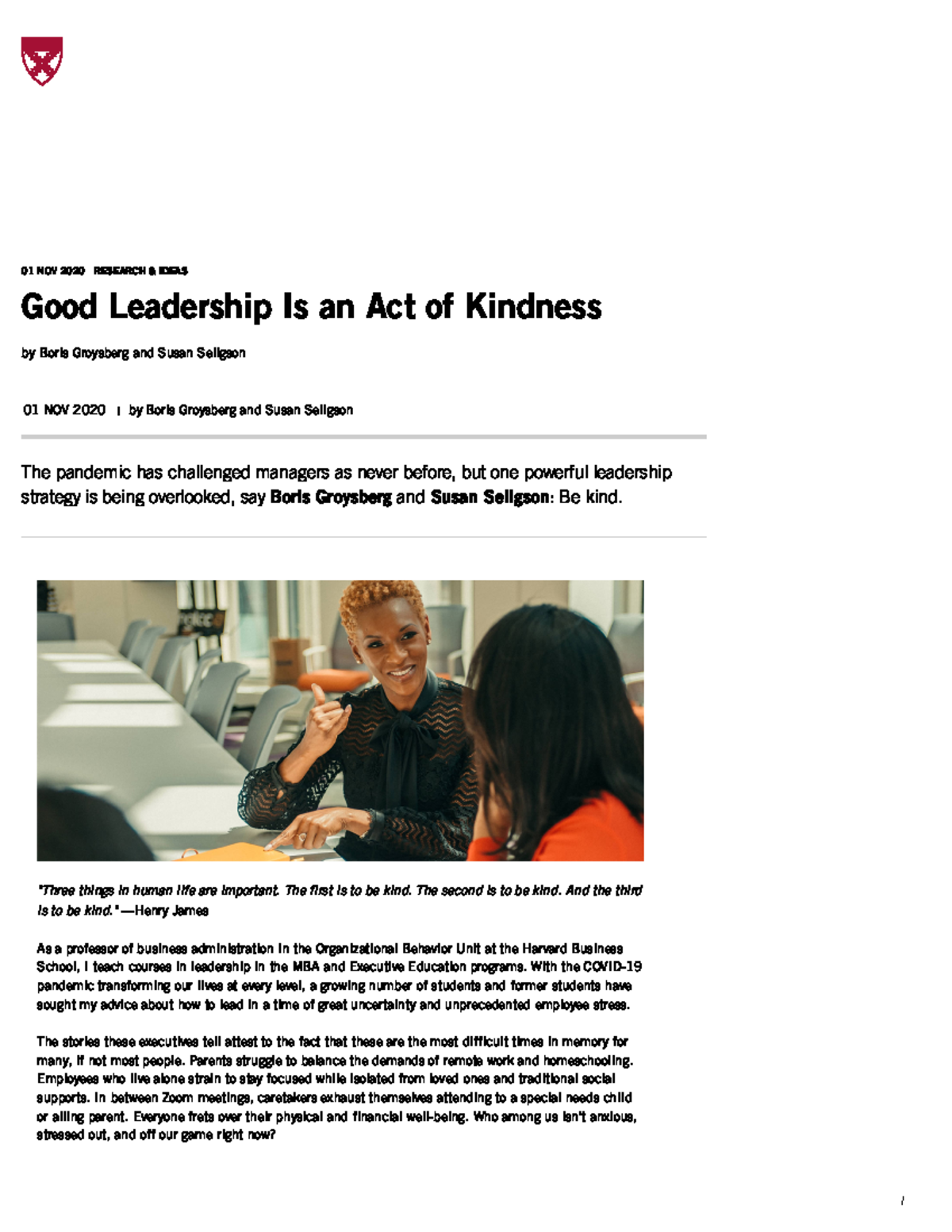 Good Leadership Is an Act of Kindness - Harvard Business School Working ...