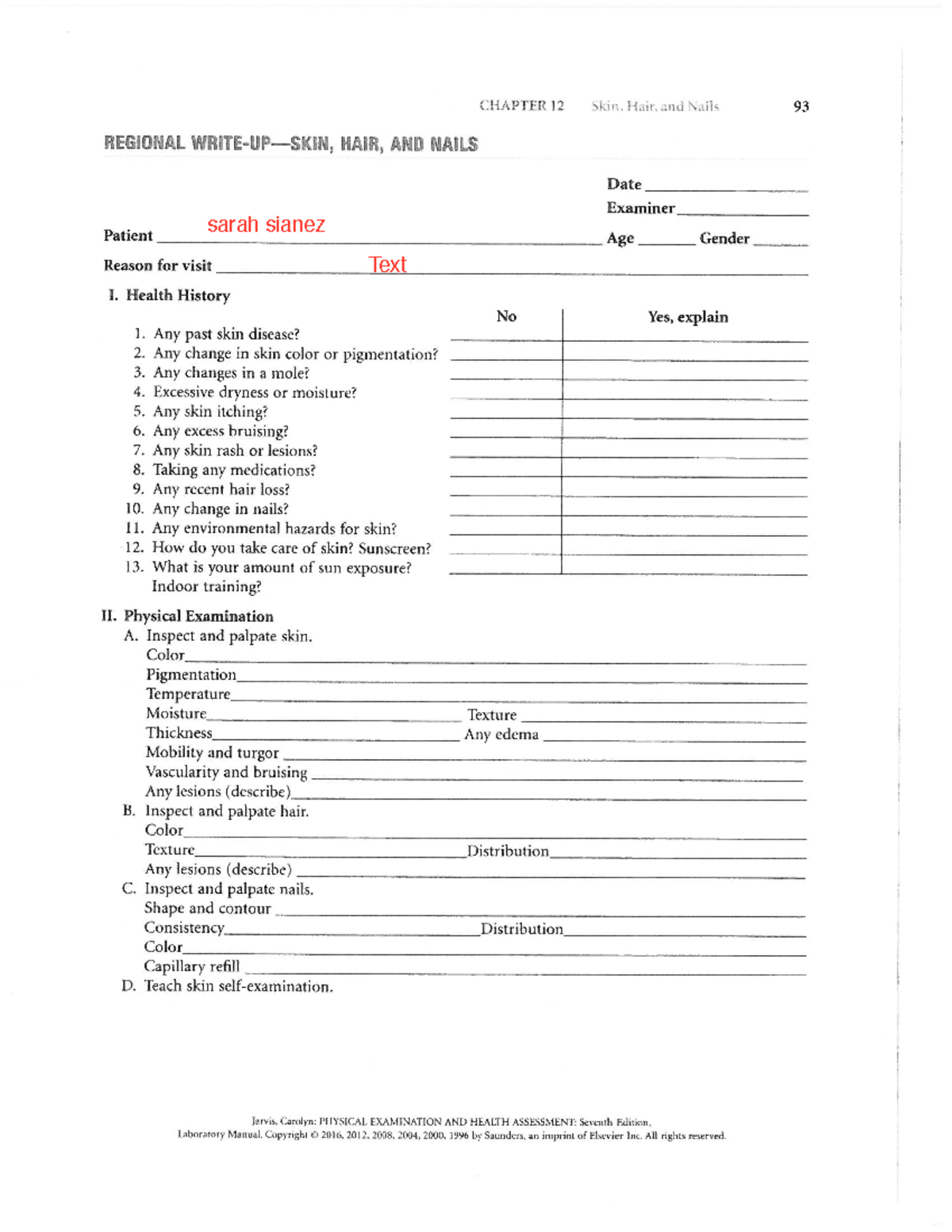 NSG 316 Skin Hair Nails Practice Sheet - CHAPTER 12 REGIONAL HAIR, AND ...