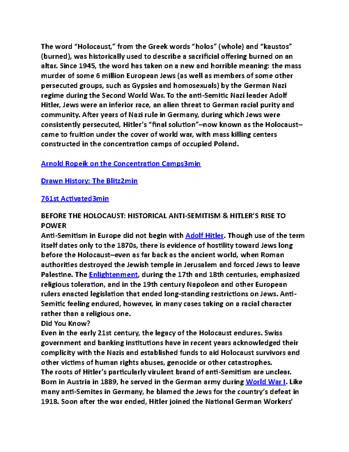 Holocaustinfo - Lecture notes 1 - The word “Holocaust,” from the Greek ...