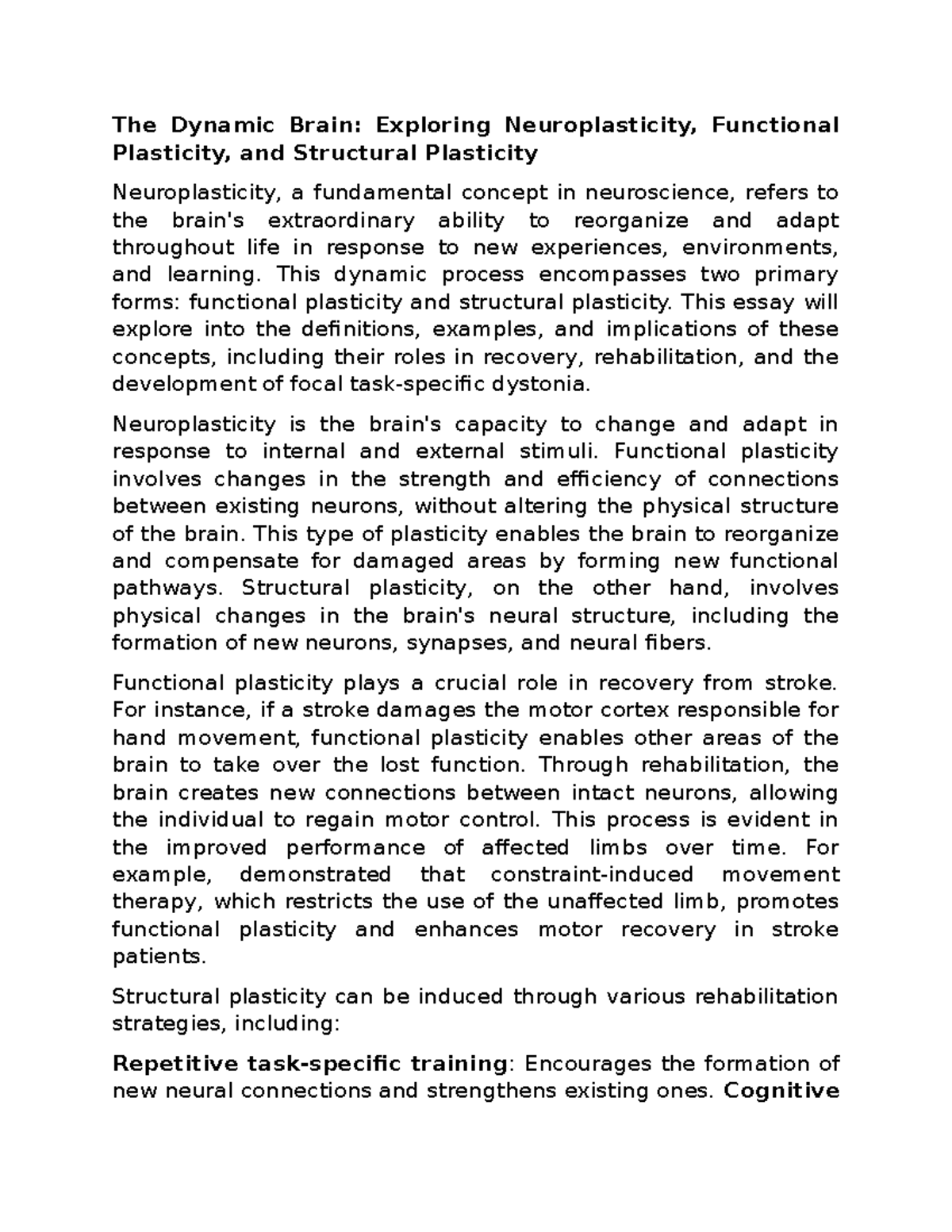 Neuroplasticity essay - The Dynamic Brain: Exploring Neuroplasticity, Functional Plasticity, and ...