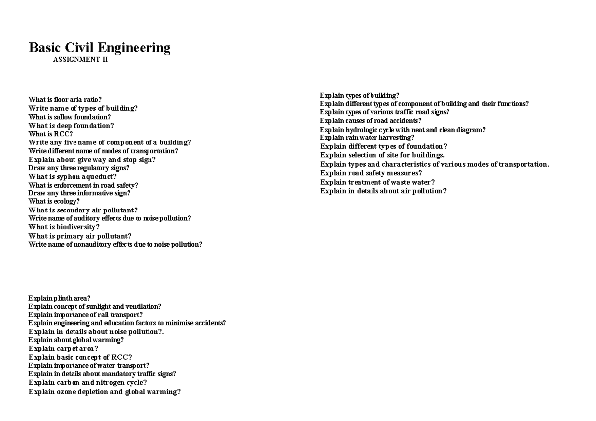 Bce 2nd assignment - Good - Basic Civil Engineering ASSIGNMENT II What is floor aria ratio ...