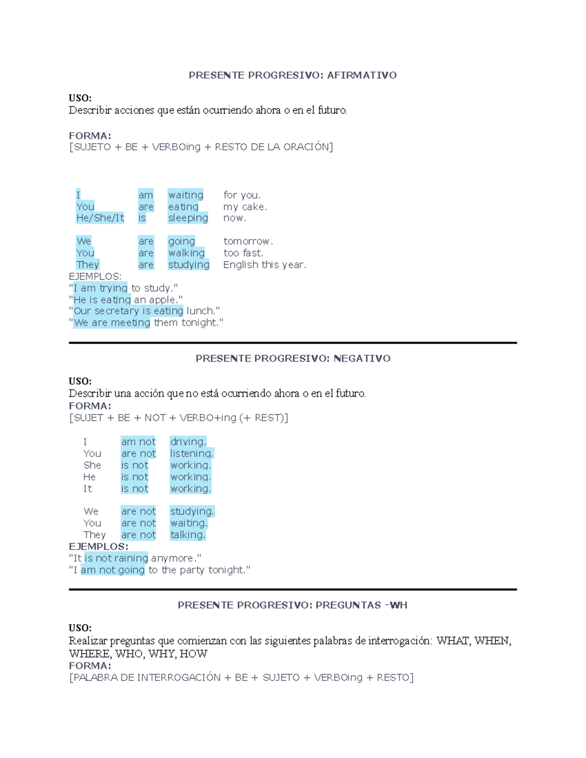 3-Present Progressive - PRESENTE PROGRESIVO: AFIRMATIVO USO: Describir ...