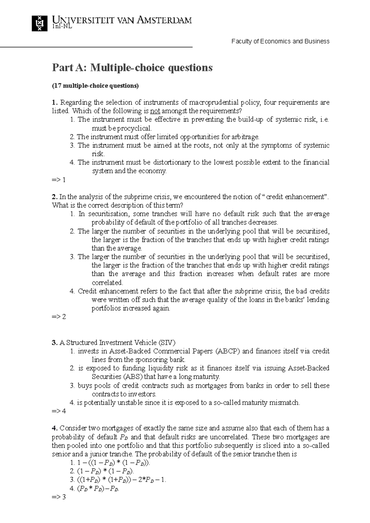 Endterm- Exam 26 oct 2020 - Faculty of Economics and Business Part A: Multiple-choice questions ...