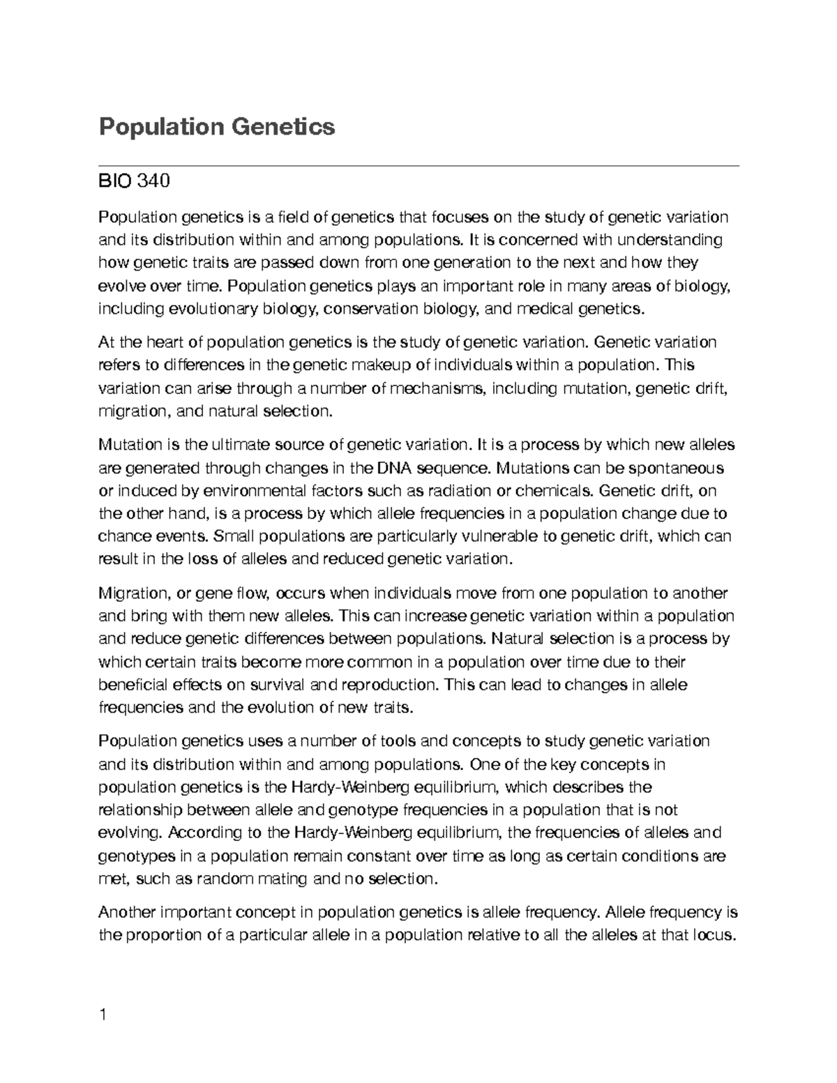 Population Genetics Notes - Population Genetics BIO 340 Population ...