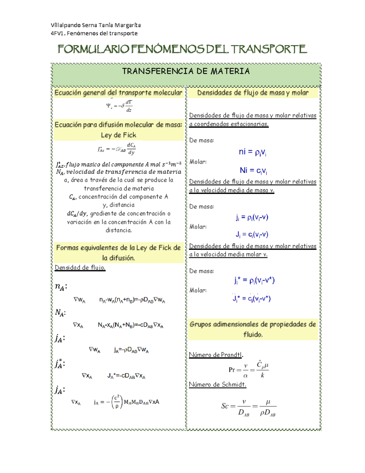 Formulario Fenómenos DEL Transporte 3RO - 4FV1. Fenómenos del transporte FORMULARIO FENÓMENOS ...