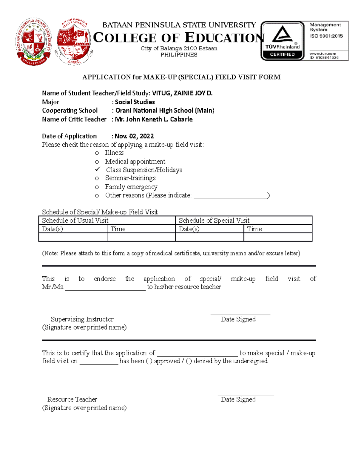 Permit-form - VCVVHDD - BATAAN PENINSULA STATE UNIVERSITY COLLEGE OF ...