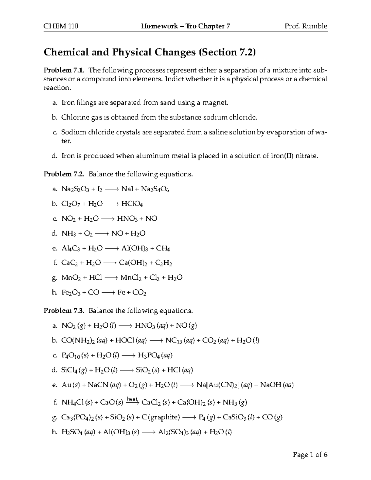 Ch7 problems - Chapter homework - Chemical and Physical Changes ...