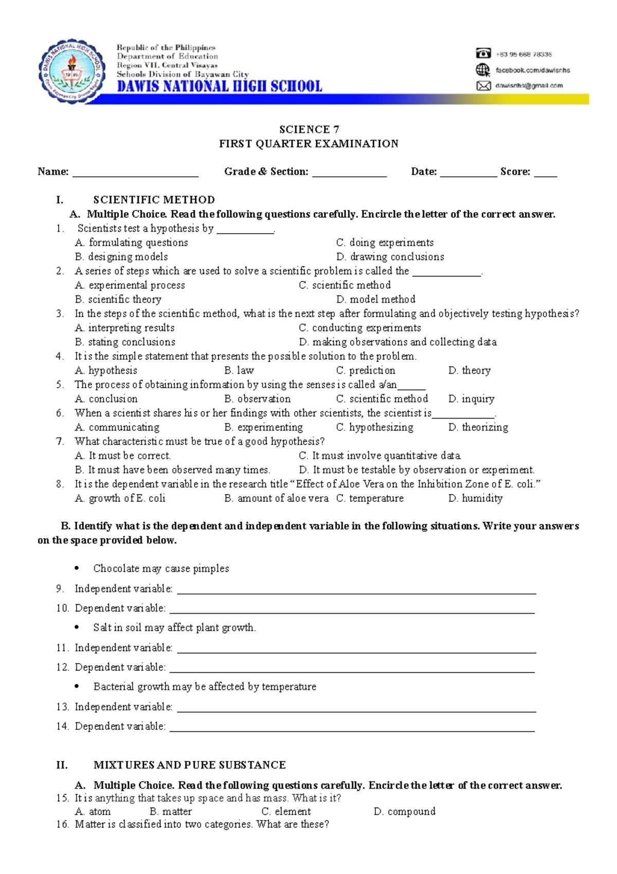 Science 7 Q1 EXAM (22-23)SDZM - SCIENCE 7 FIRST QUARTER EXAMINATION ...