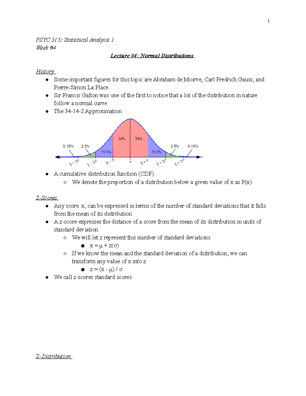 PSYC 315 - Lecture #4 - PSYC 315: Statistical Analysis 1 Week # Lecture #4: Normal Distributions ...