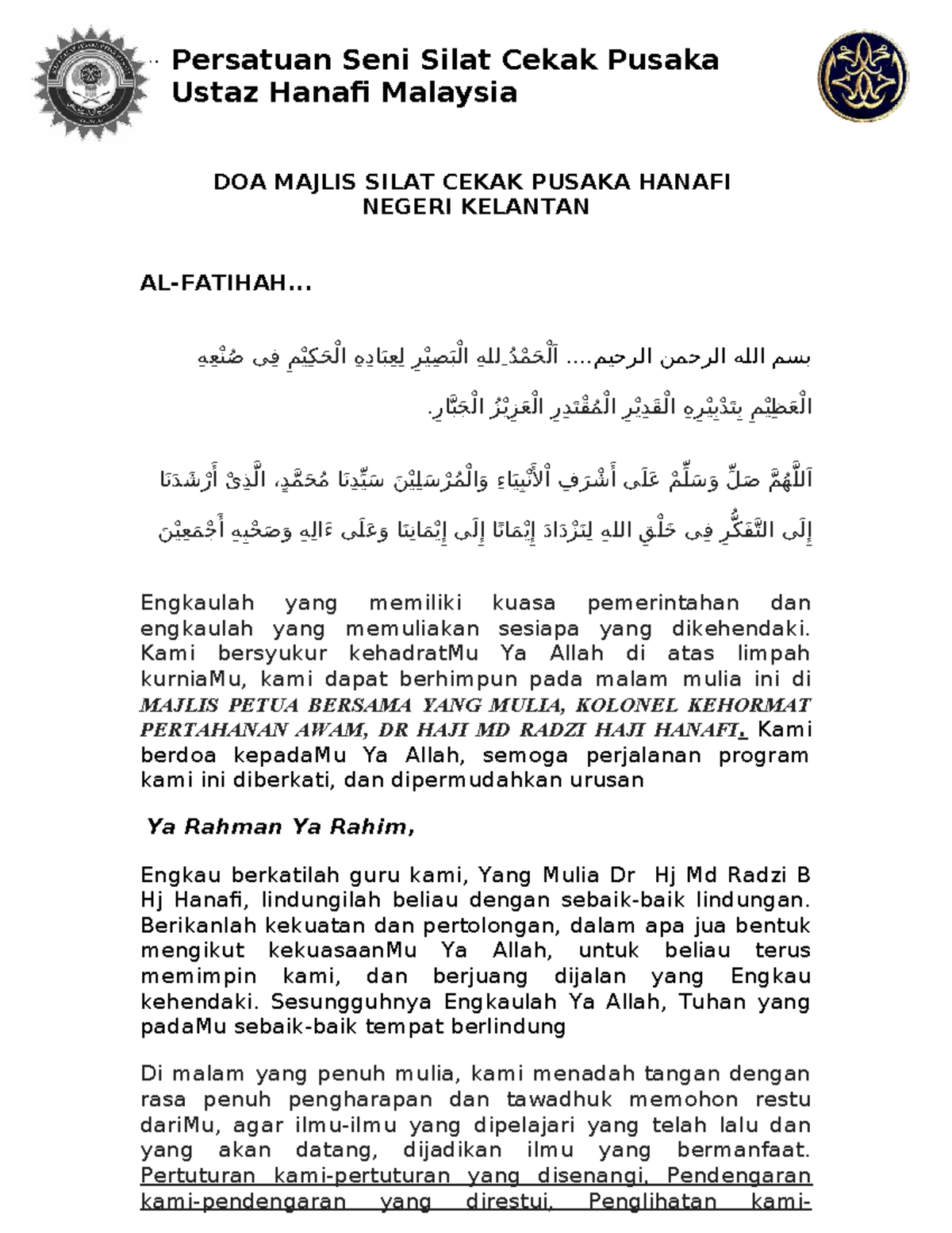 Doa majlis - doa - ................. DOA MAJLIS SILAT CEKAK PUSAKA ...