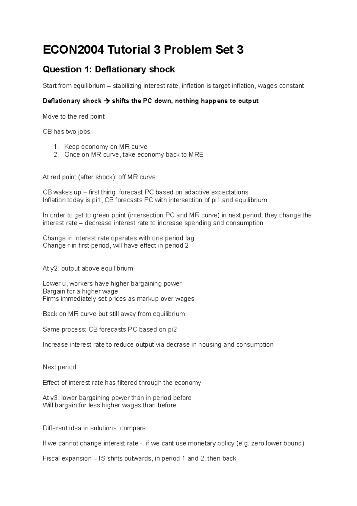 ECON2004 Term 1 Tutorial 3 - ECON2004 Tutorial 3 Problem Set 3 Question 1: Deflationary shock ...