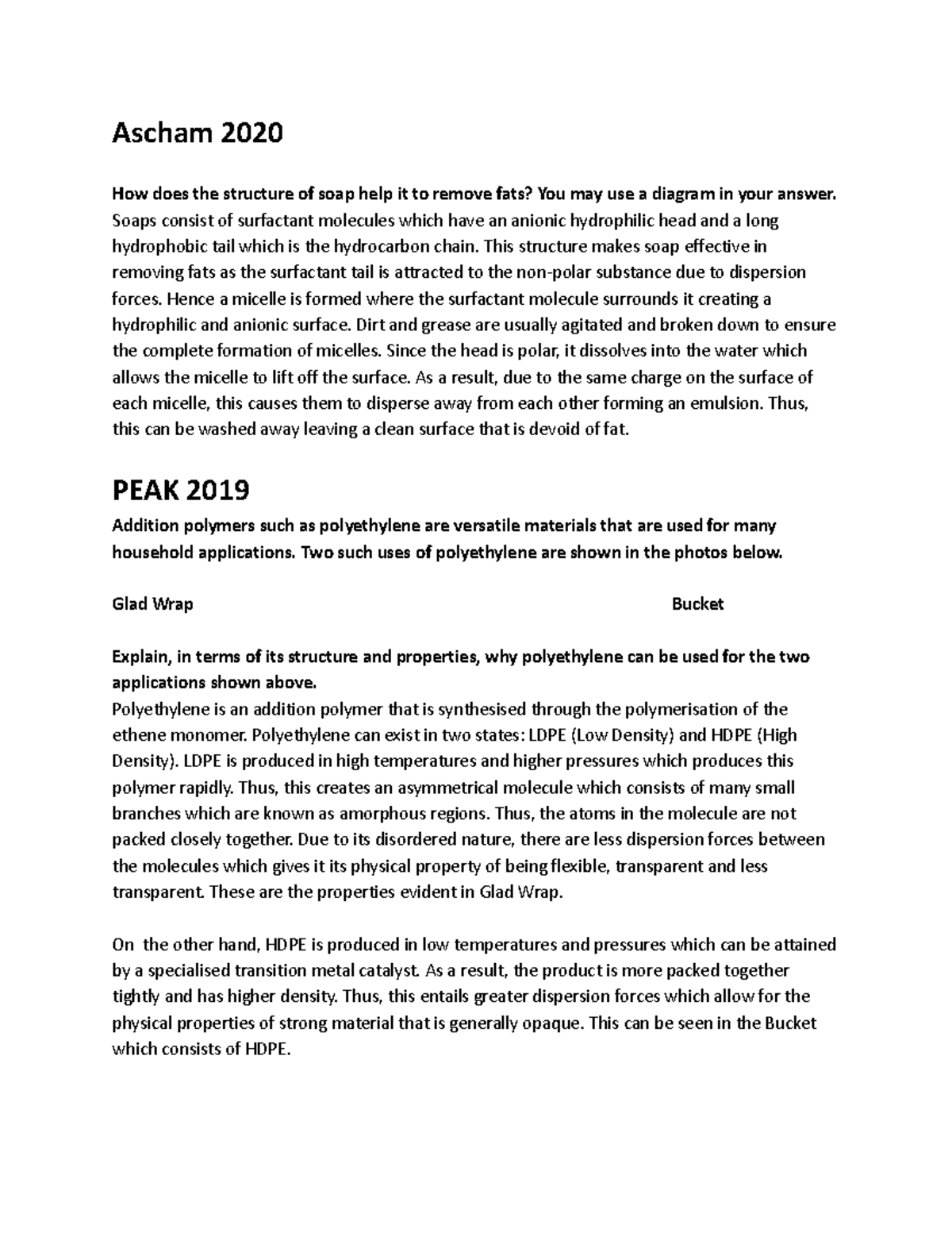 HSC-Chemistry practice - Ascham 2020 How does the structure of soap ...