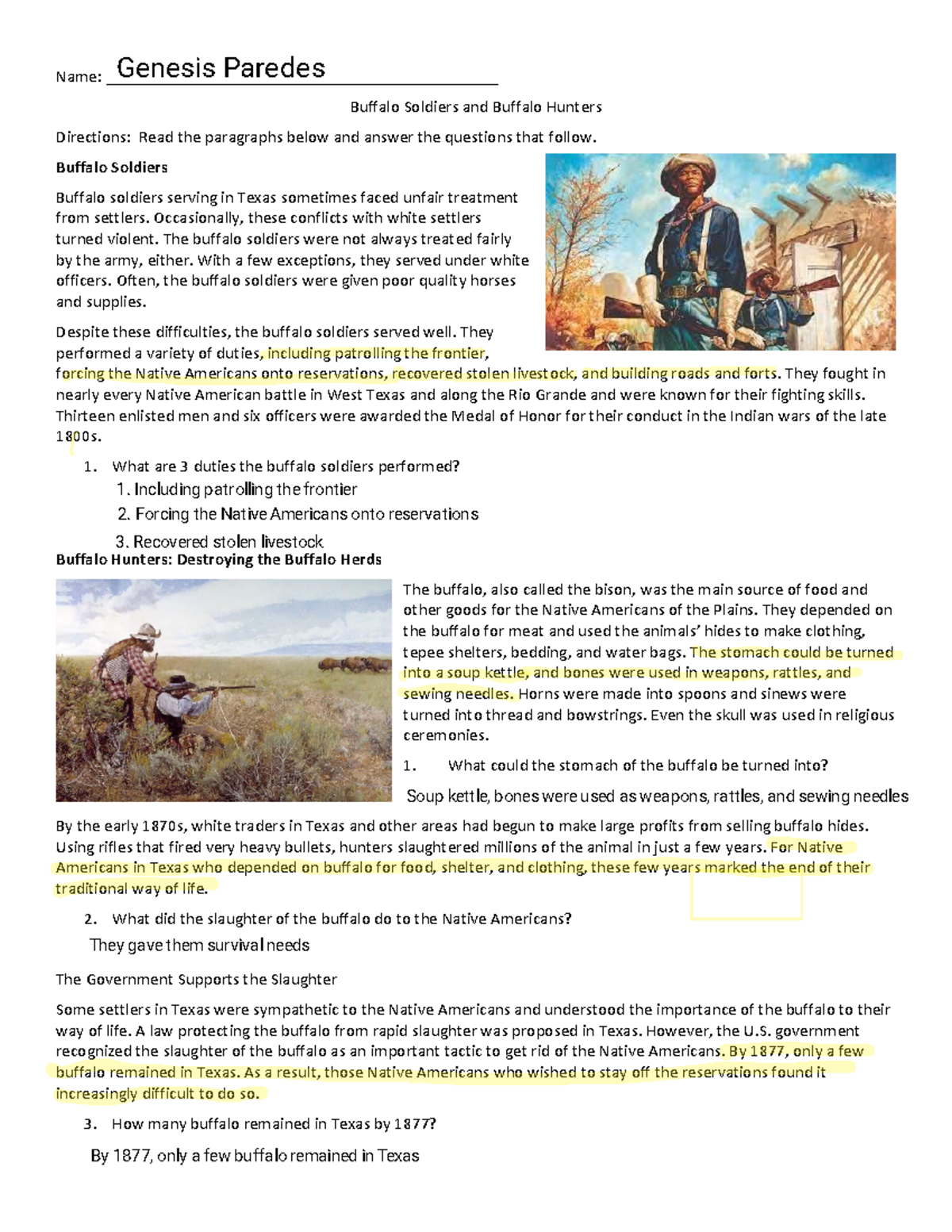 Genesis Paredes - Buffalo soldiers and hunters activity - Name: - Studocu