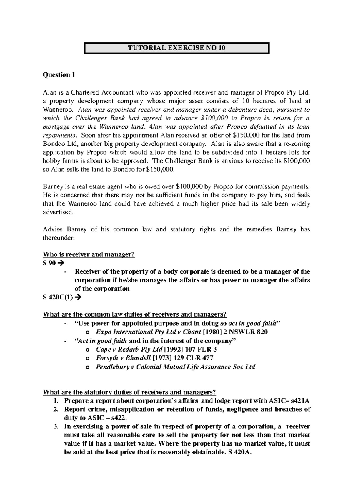 Tute Ex 10 - tutorial work - TUTORIAL EXERCISE NO 10 Question 1 Alan is ...