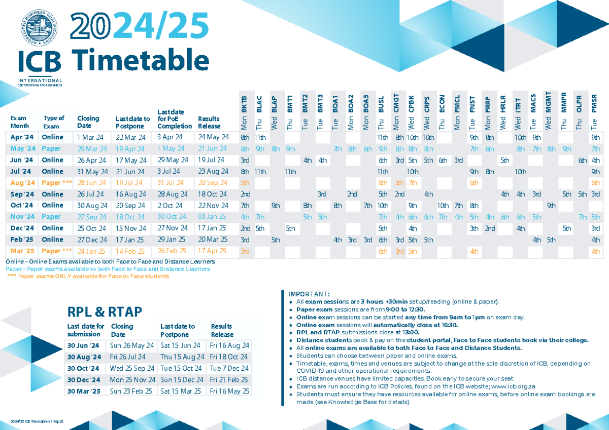 202425 ICB Timetable v1 Sep23 1 - Online - Online Exams available to ...