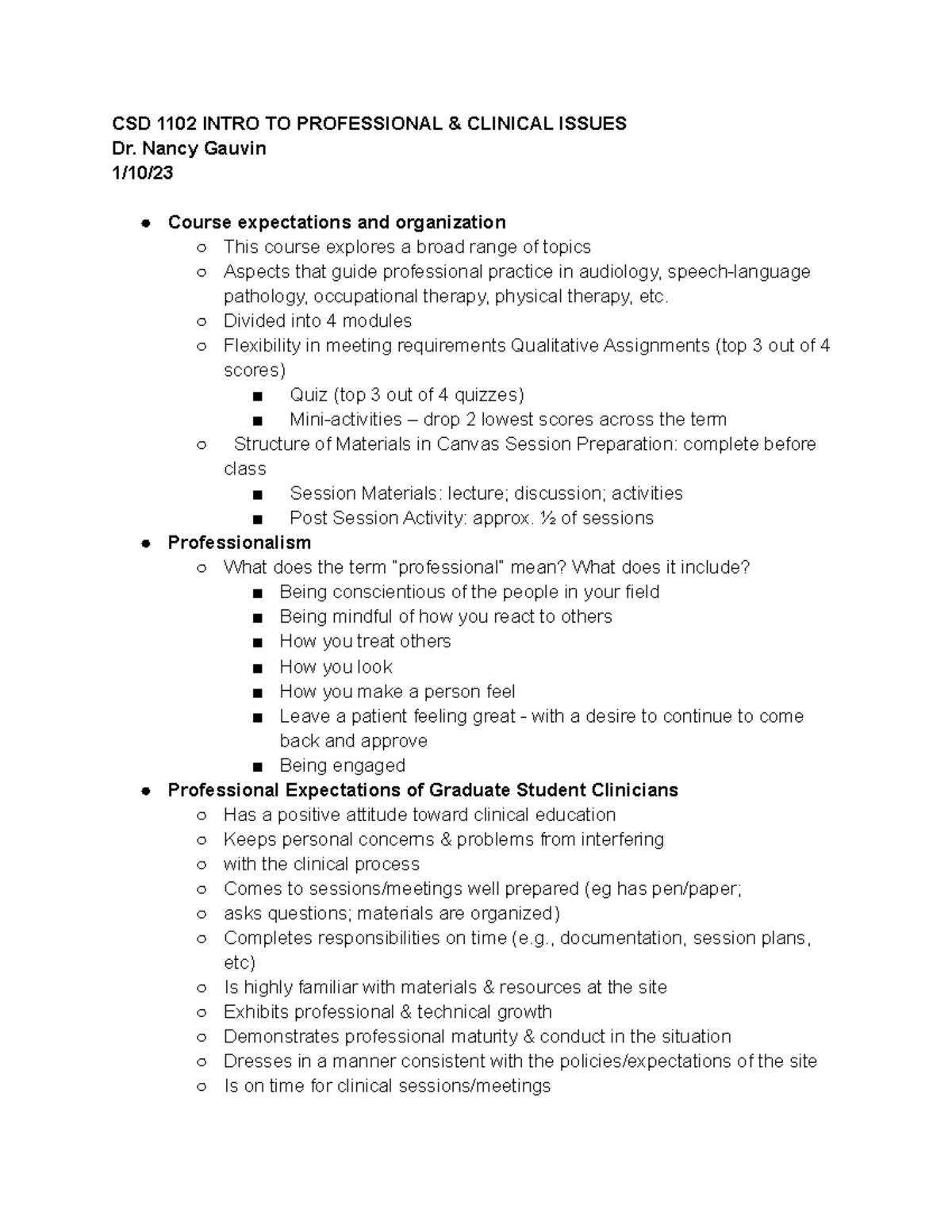 Issues in CSD Lecture Notes on Professionalism - CSD 1102 INTRO TO ...