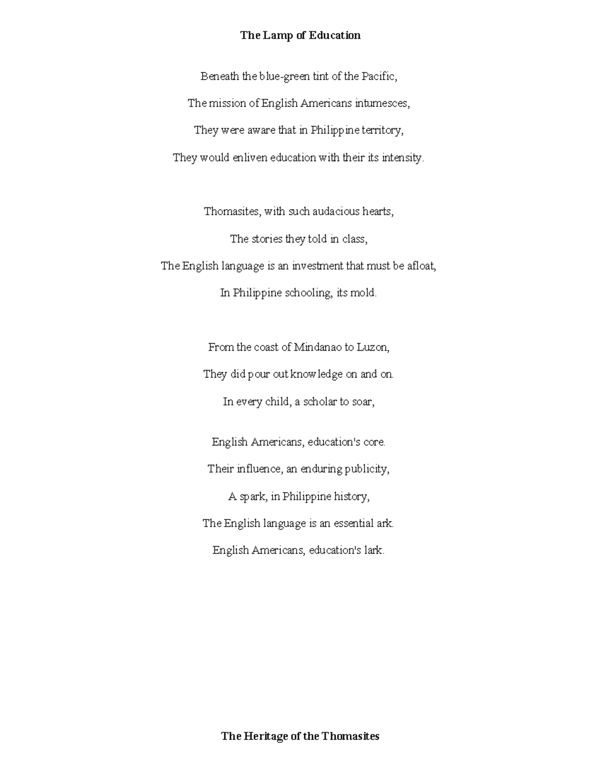 Poem - The Lamp of Education Beneath the blue-green tint of the Pacific ...