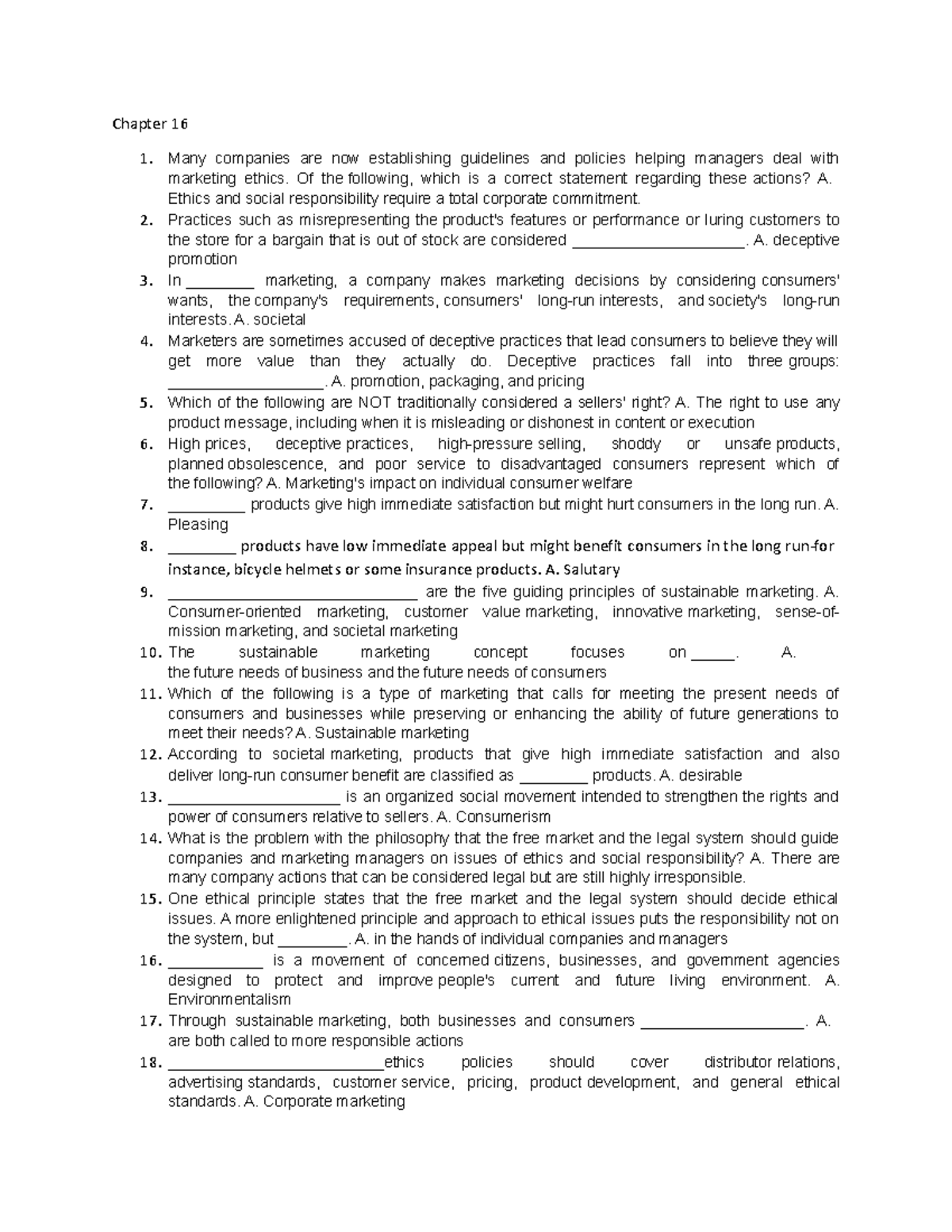 Chapter 16 - Sustainable Markt Social Responsibility and Ethics - Chapter 16 1. Many companies ...