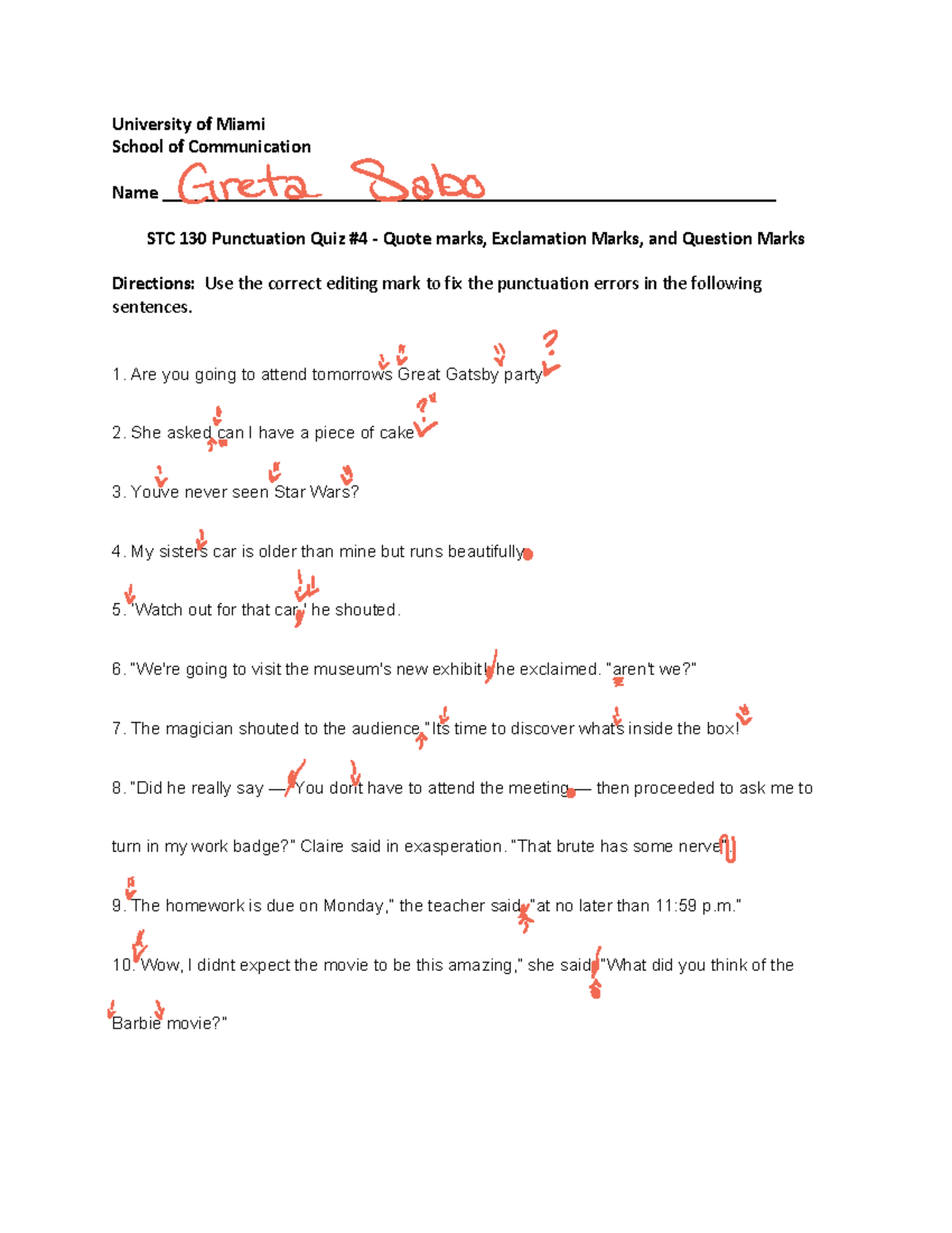 Quiz4 - Punctuation quiz 4 - University of Miami School of ...
