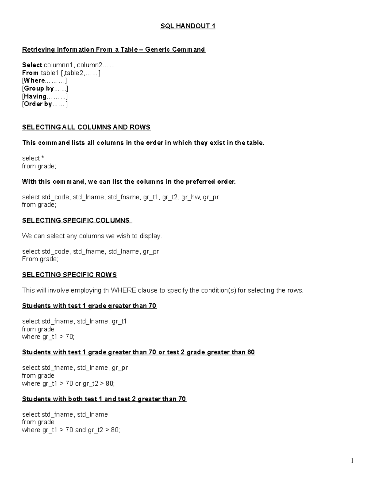 SQL Handout 1 - SQL basics to advanced topics with a number of example ...