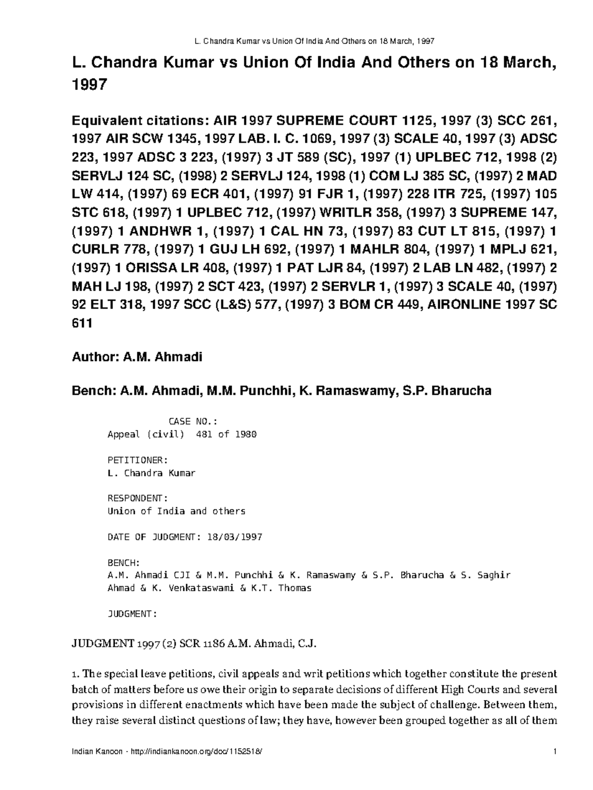 L Chandra Kumar vs Union Of India And Others on 18 March 1997 - L ...