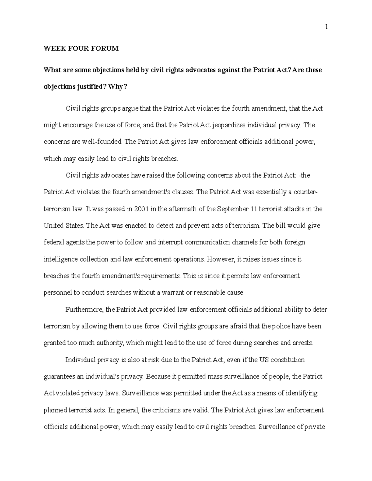 WEEK FOUR Forum - Essay - 1 WEEK FOUR FORUM What are some objections ...