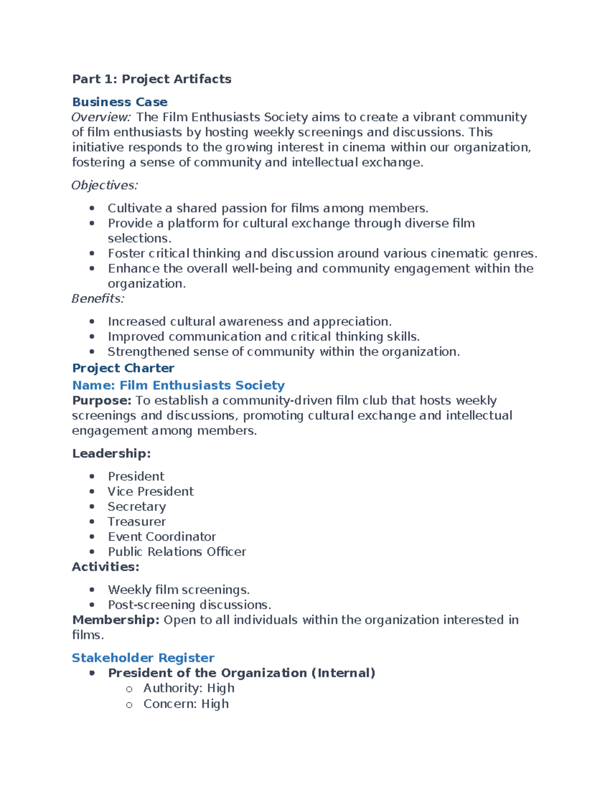 Project Management Mopdule 1-3 - Part 1: Project Artifacts Business ...