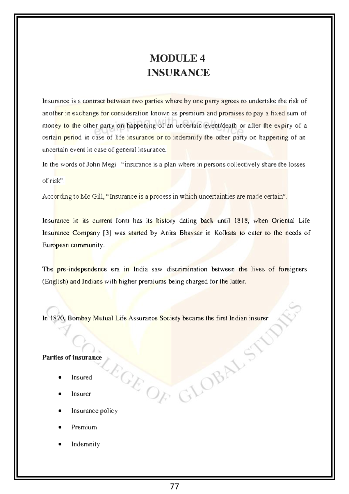 Insurance Unit-4 - of risk”. Parties of insurance MODULE 4 INSURANCE ...