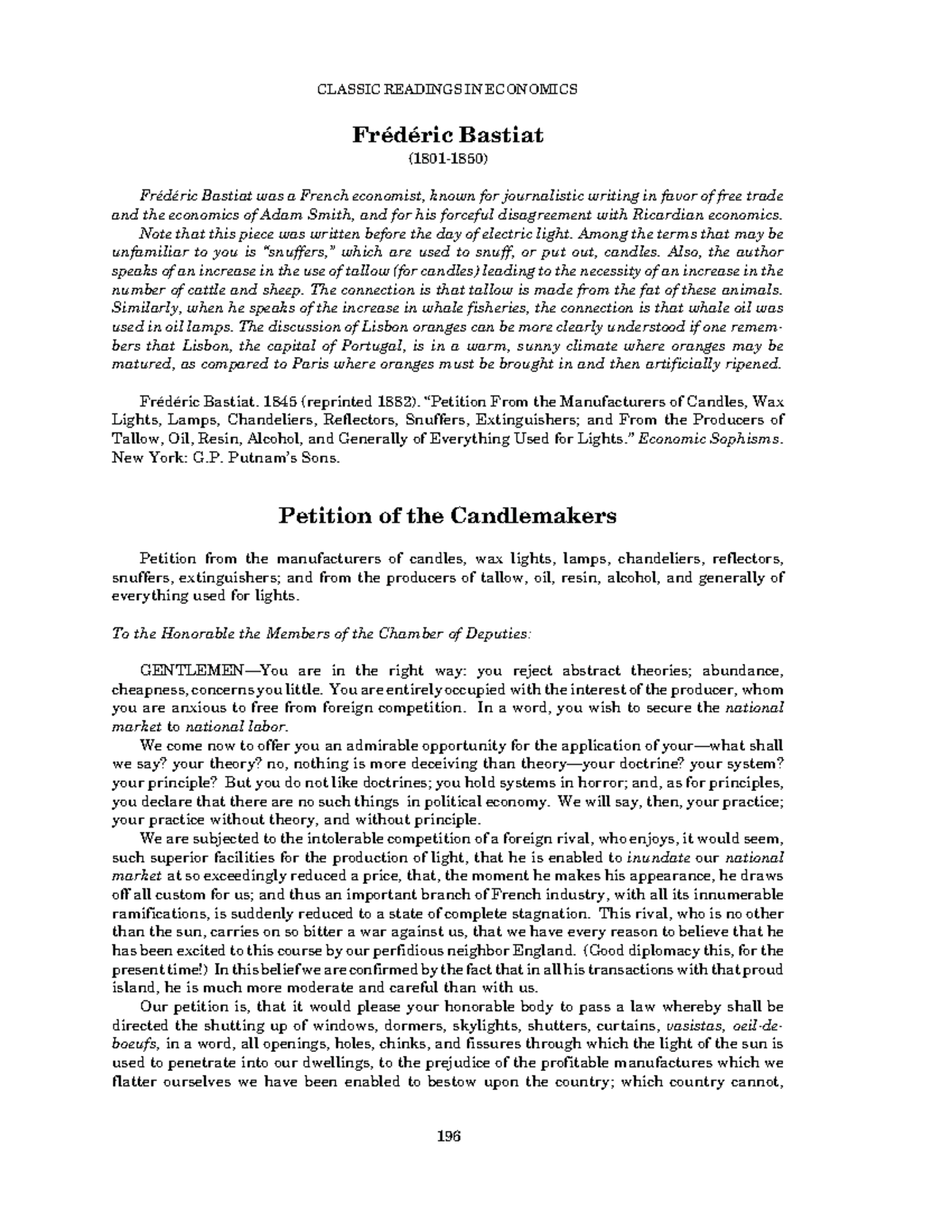 Candlemaker's Petition - 196 CLASSIC READINGS IN ECONOMICS Frédéric ...
