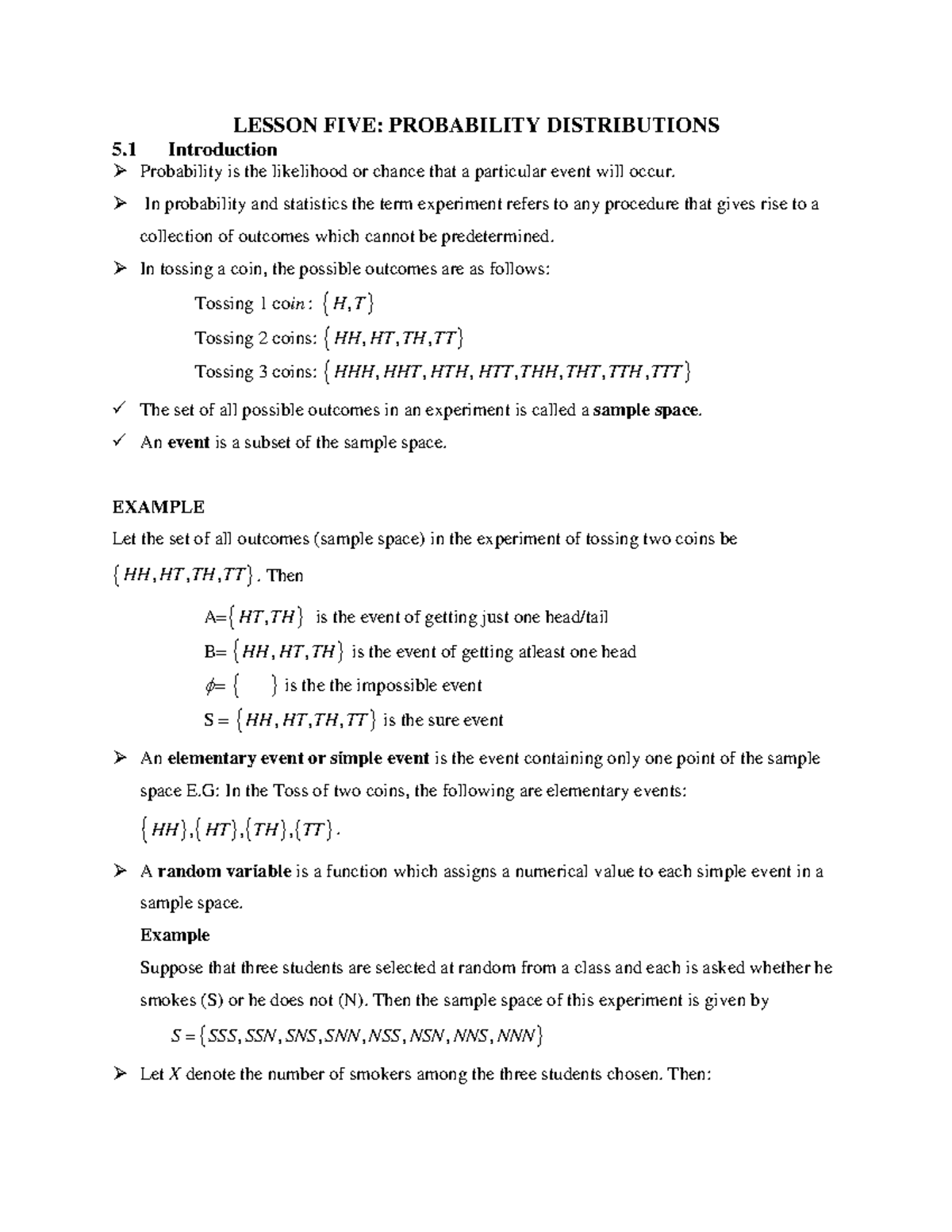 Lesson 5 - Probability Distributions - LESSON FIVE: PROBABILITY ...